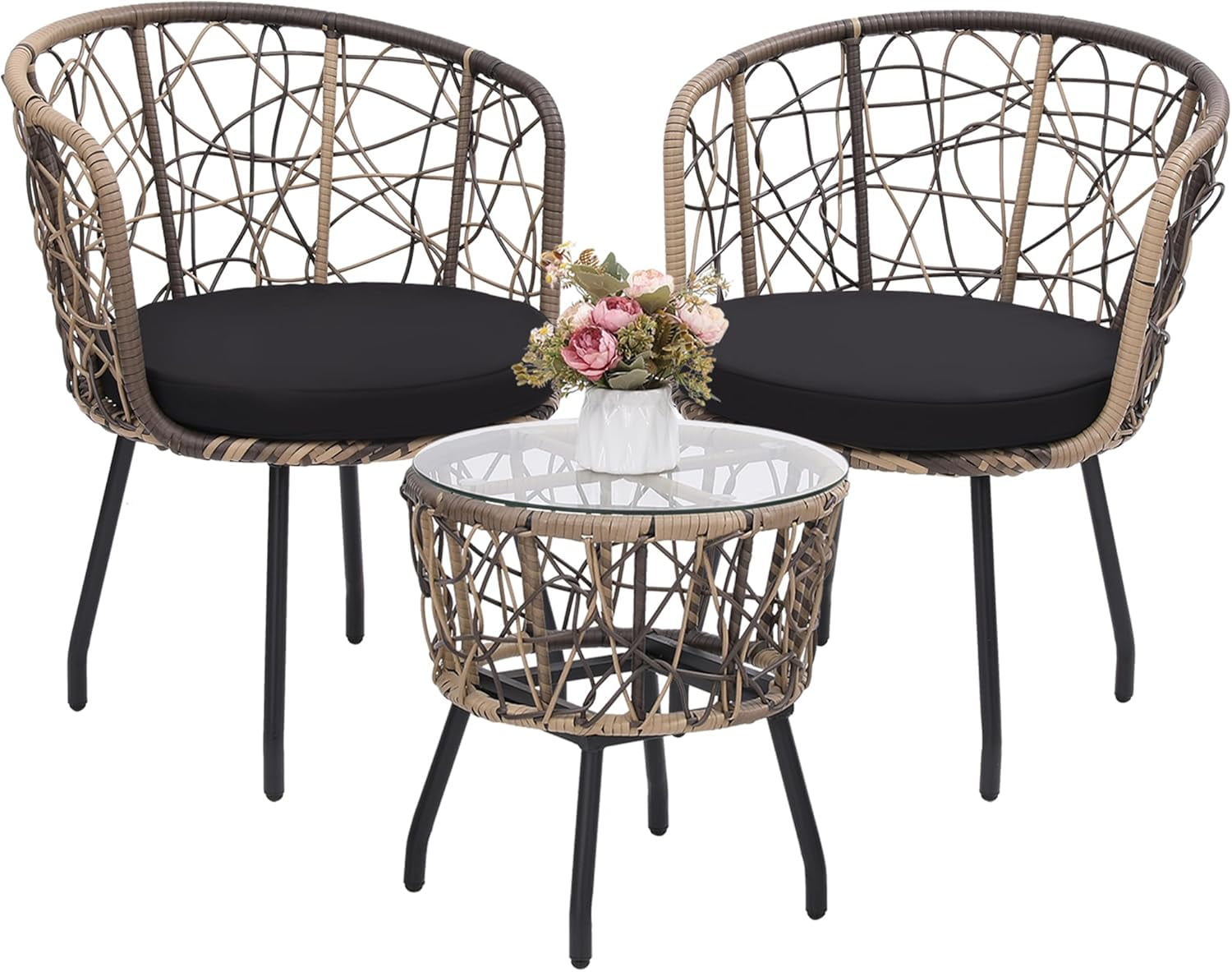 Boho Bistro Set Outdoor Wicker with Tempered Glass Top and 2 Chairs ...