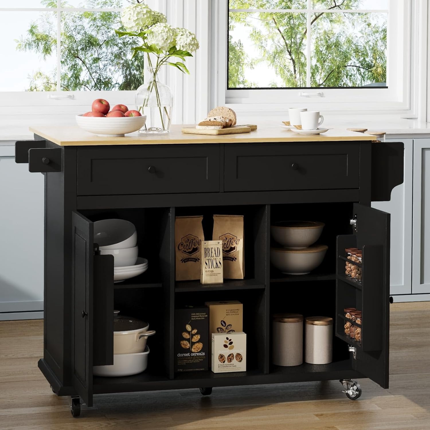 HLTJDUS Island with Storage and Drop Leaf 53 Inch Large Rolling Island ...