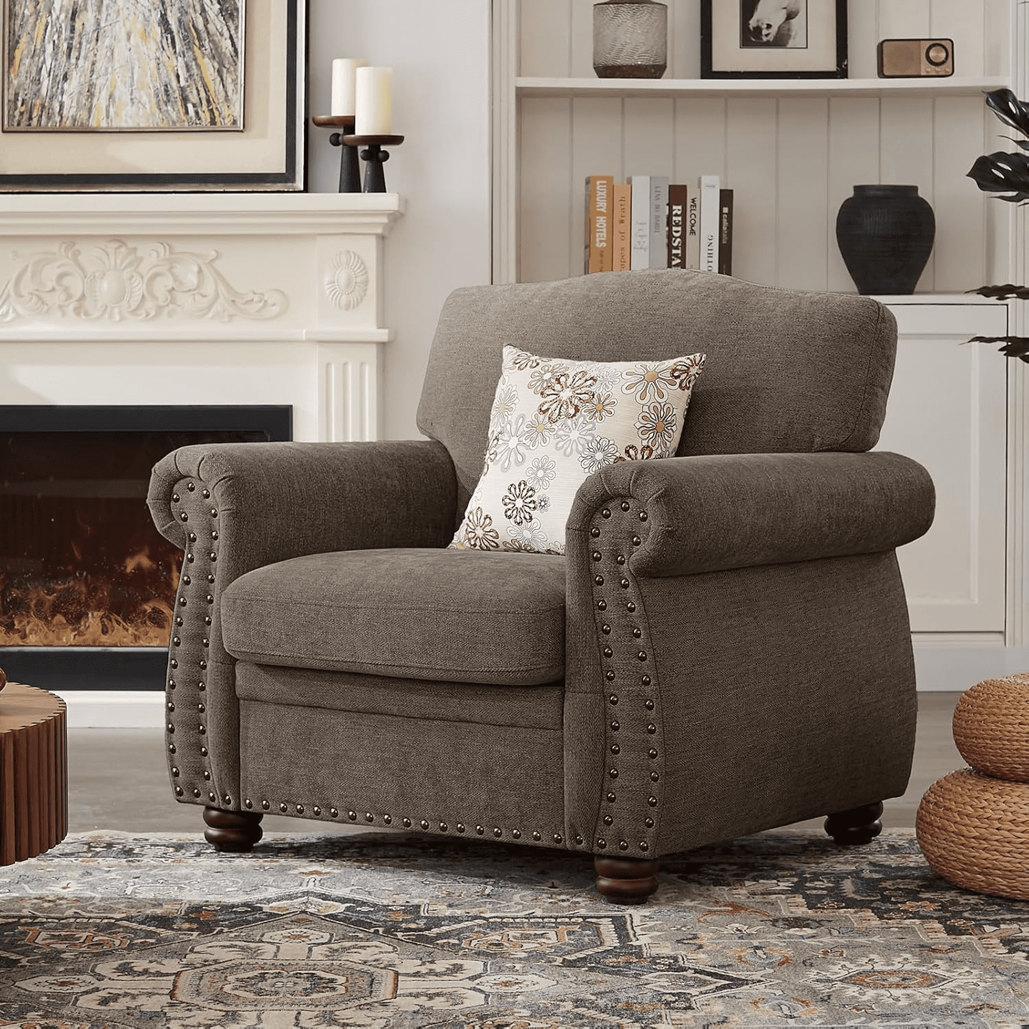 HLTJDUS Nailhead Trim Armchair Rolled Arm Accent Chair for Living Room ...