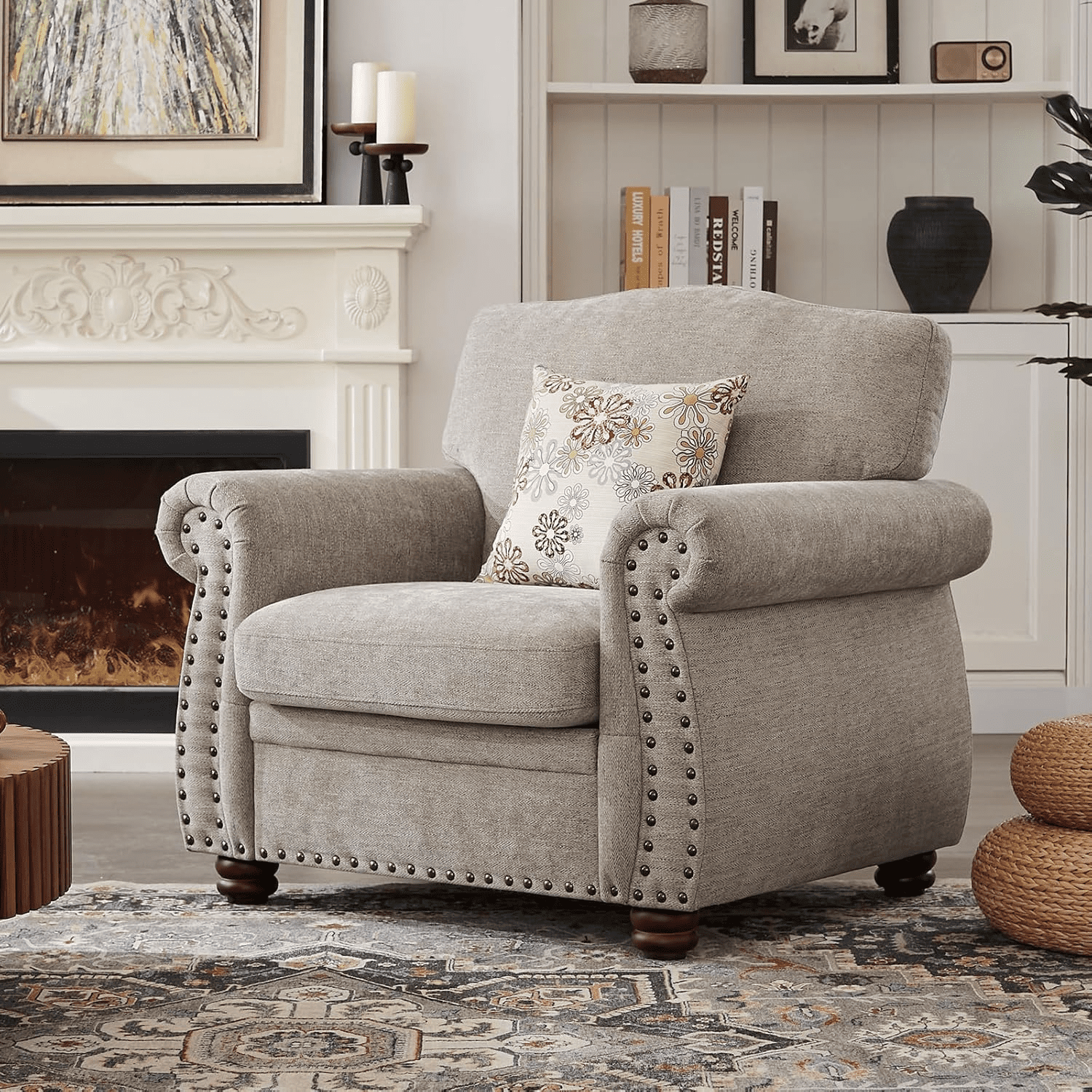 Nailhead Trim Armchair Rolled Arm Accent Chair for Living Room Comfy ...