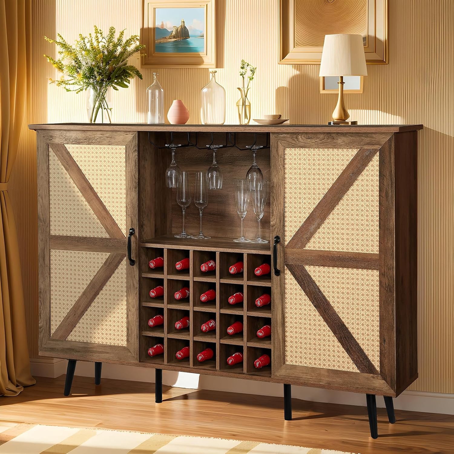 HLTJDUS Rustic Farmhouse Buffet Sideboard with Metal Legs Natural Style ...