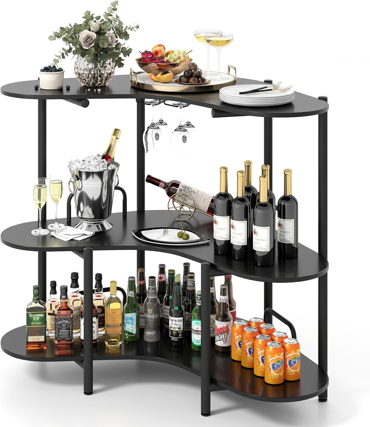 HLTJSUJ 3-Tier Bar Corner Bar Cabinet Liquor Bar Unit with Stemware ...