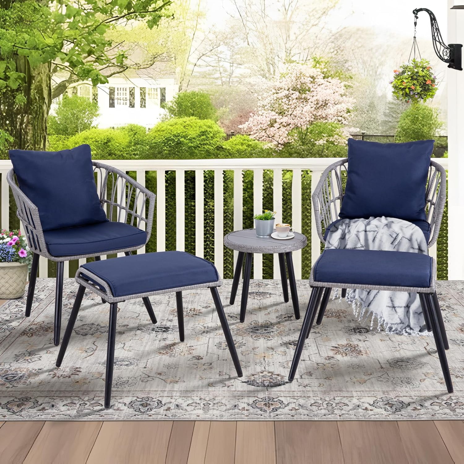 5 Piece Bistro Set with Ottoman Outdoor Wicker Apartment Balcony Sets ...