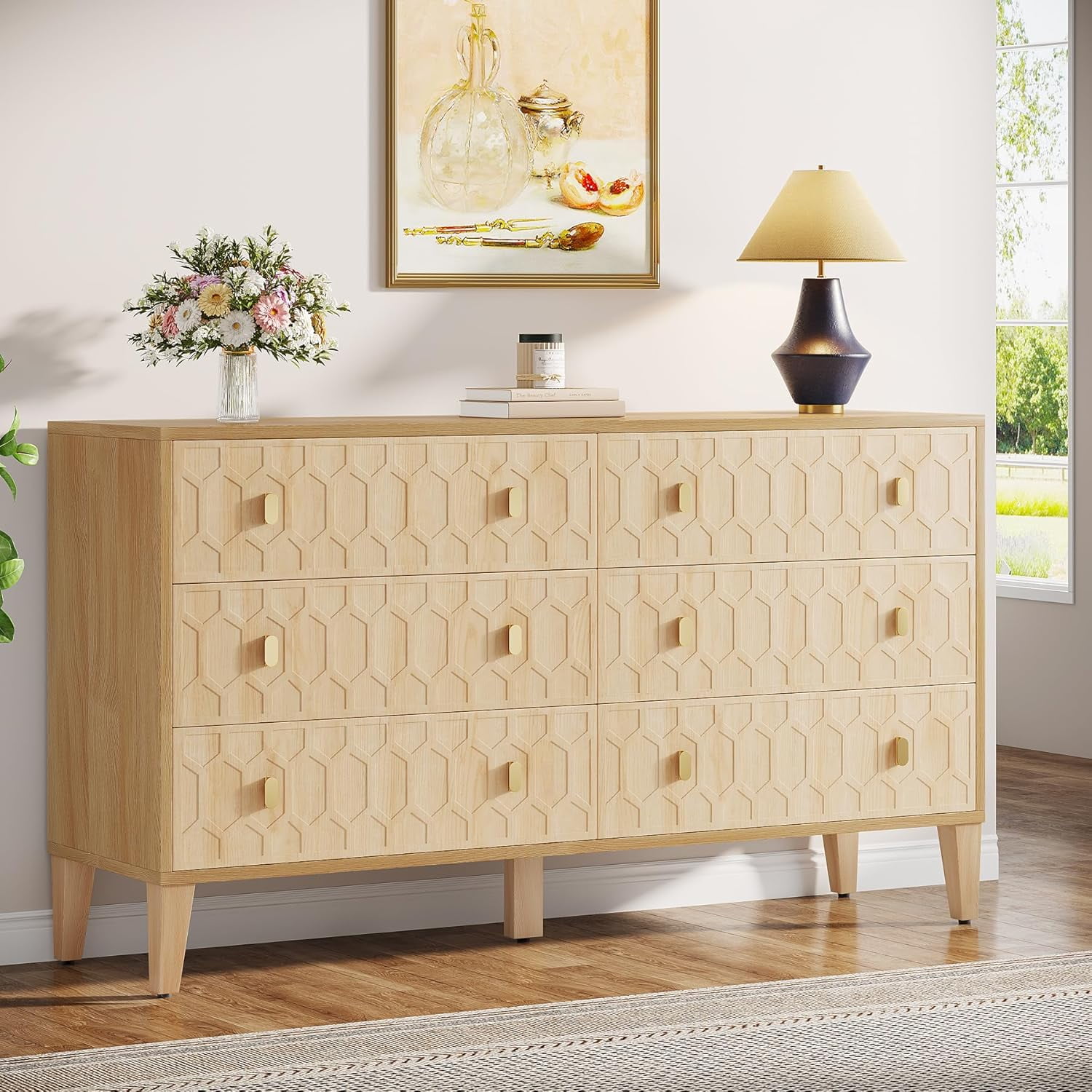 HLTJSUJ 55-Inch Chest of Drawers Wood 6-Drawer Double Wide Dresser with ...