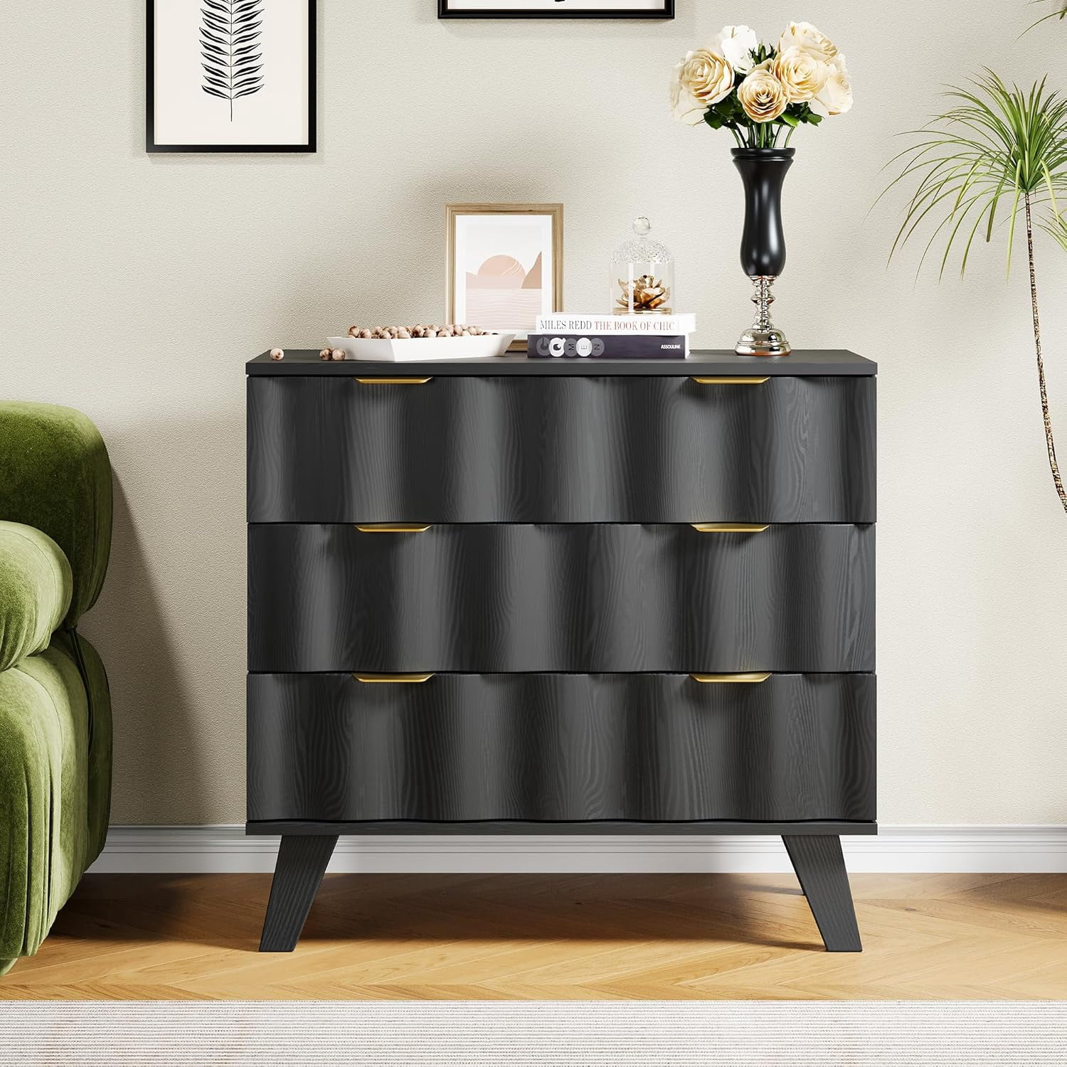 6 Drawer Dresser Fluted Chest of Drawers with Metal Handles Wood ...
