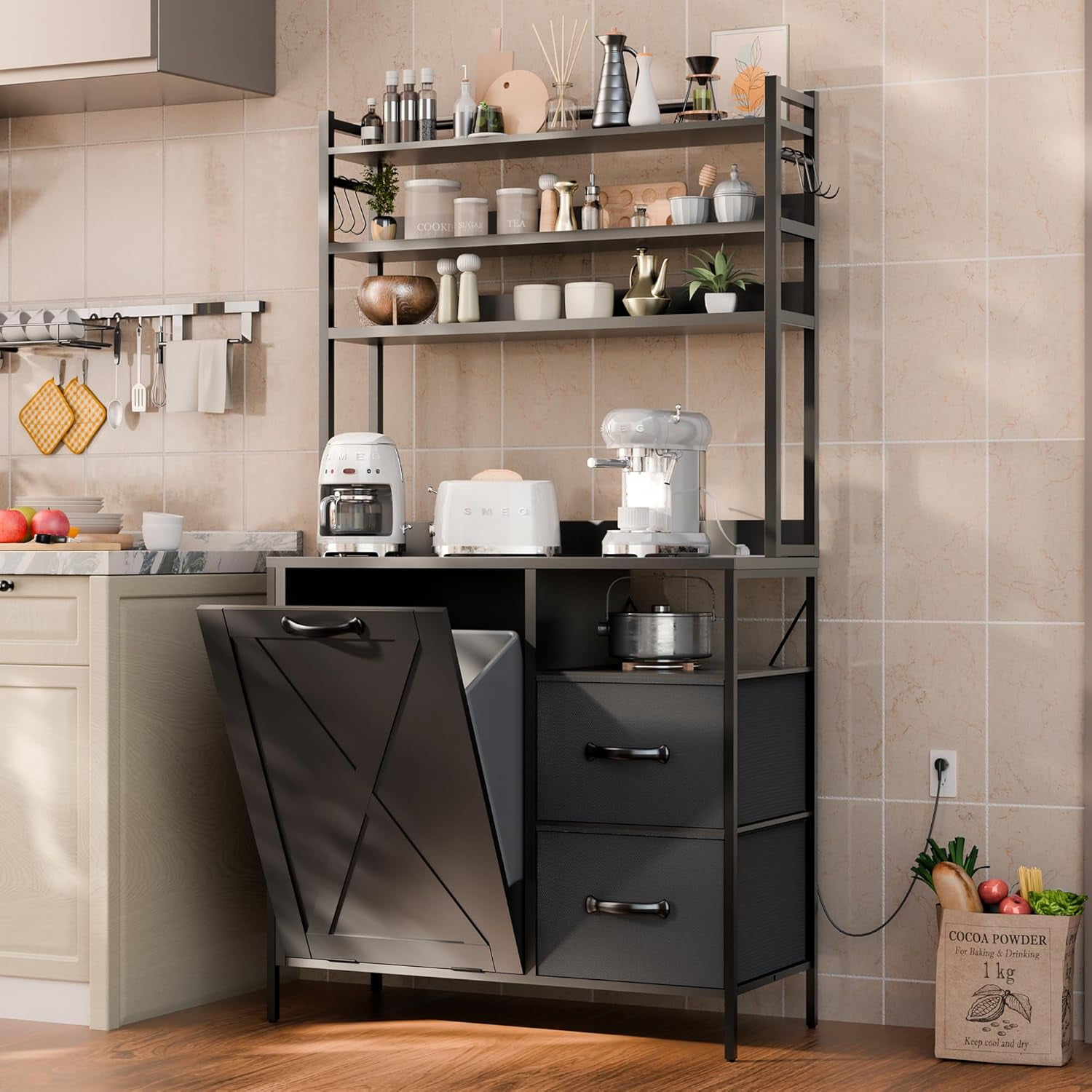 snbywihxnm 66" Bakers Rack with Tilt-Out Trash Cabinet Tall Coffee Bar ...