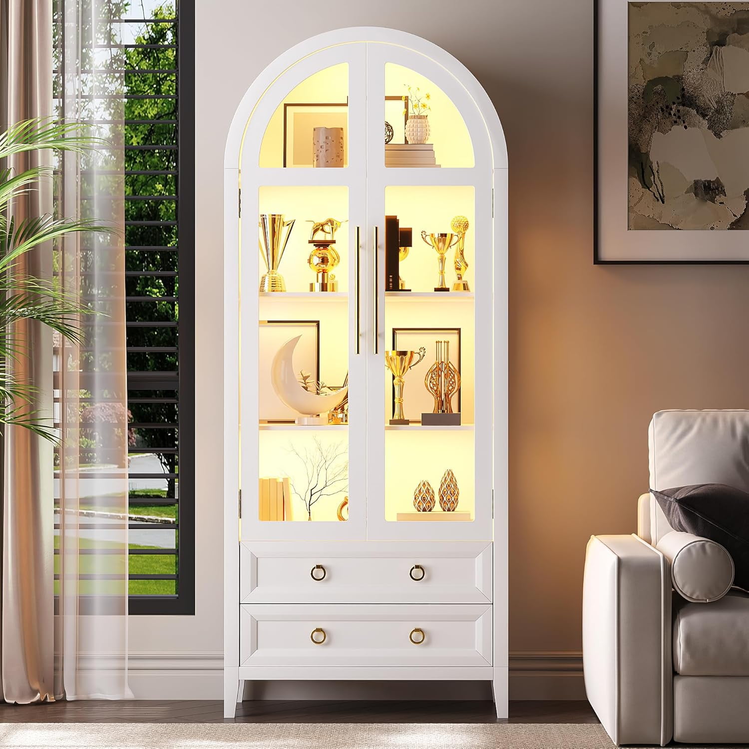 HLTJSUJ 71 Inch Arched Display Cabinet with Glass Doors 4-Tier Display ...