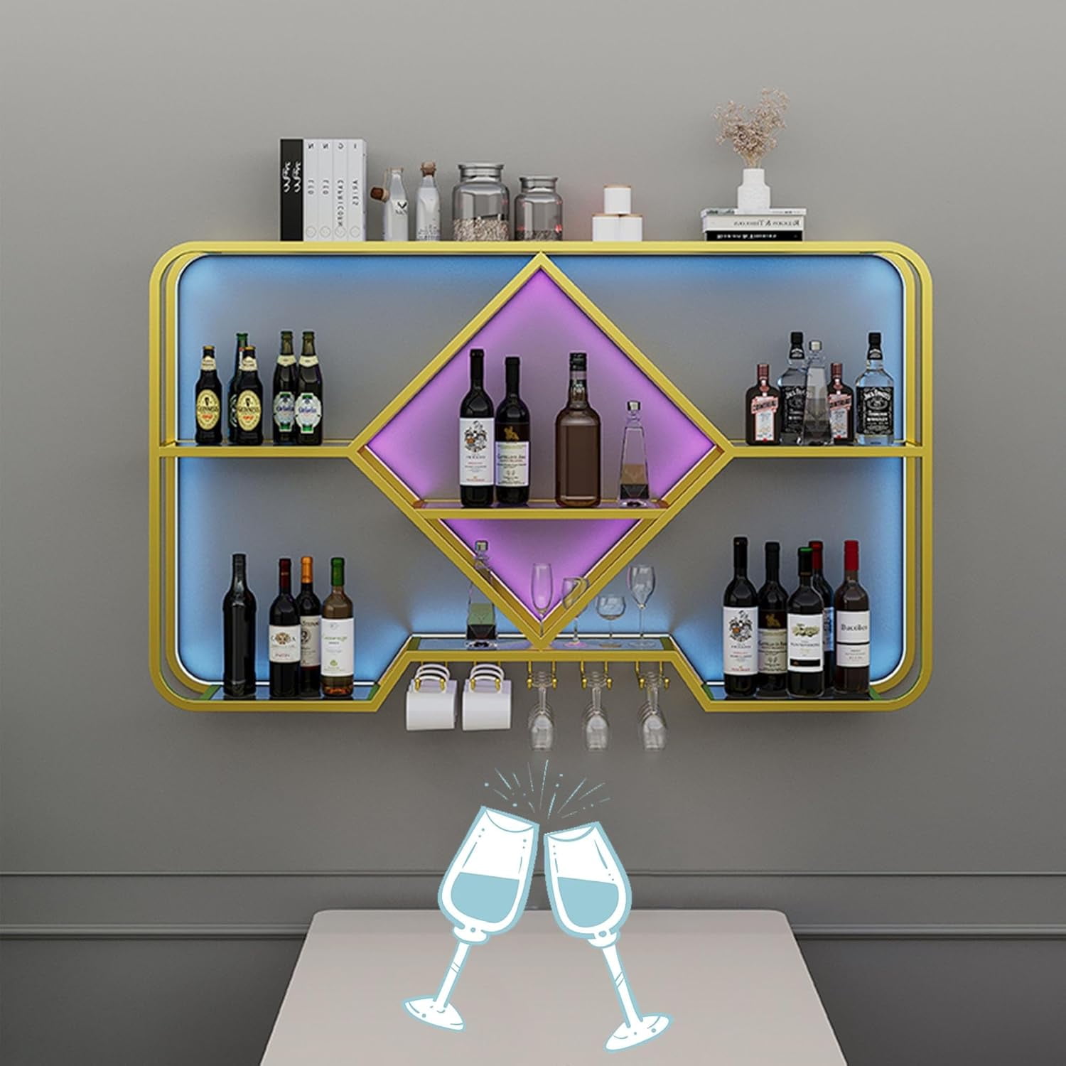 HLTJSUJ Bar Shelves Wall Mounted with Hanging Holder Mini Bar Liquor ...