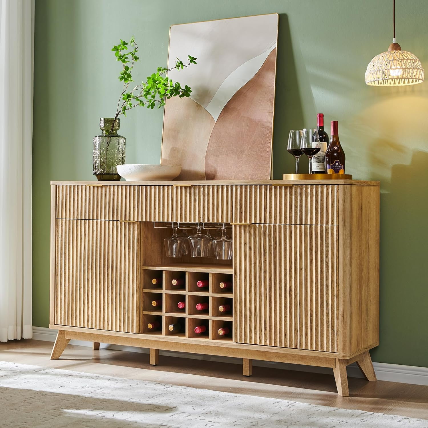 Fluted Wine Bar Cabinet for Liquor 60" Coffee Bar Cabinet w/Wine ...