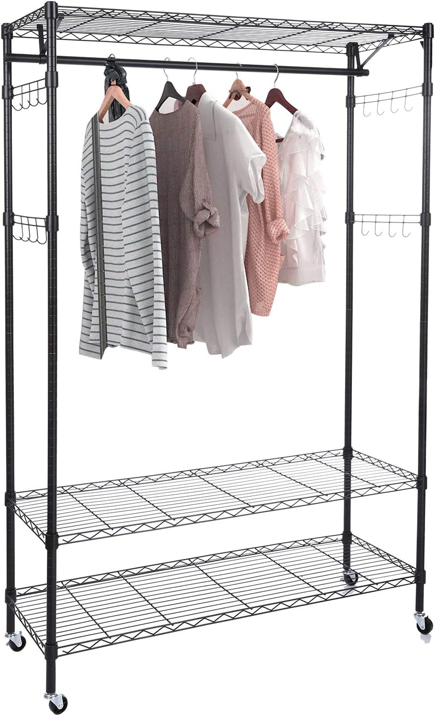HLTJSUJ Rod Garment Rack 3 Tier Metal Wire Shelving Hang Large Rolling ...