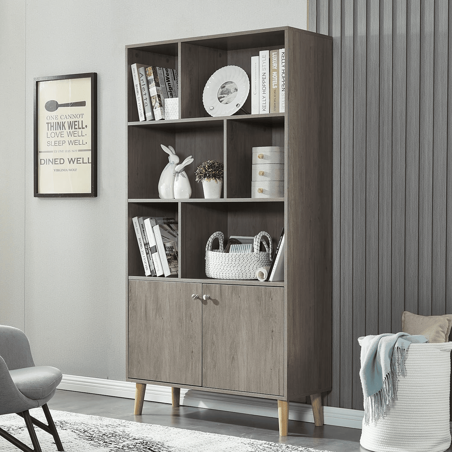 HLTPDJU Modern Bookcase with 2 Doors 68" Tall Storage Wooden Bookshelf ...