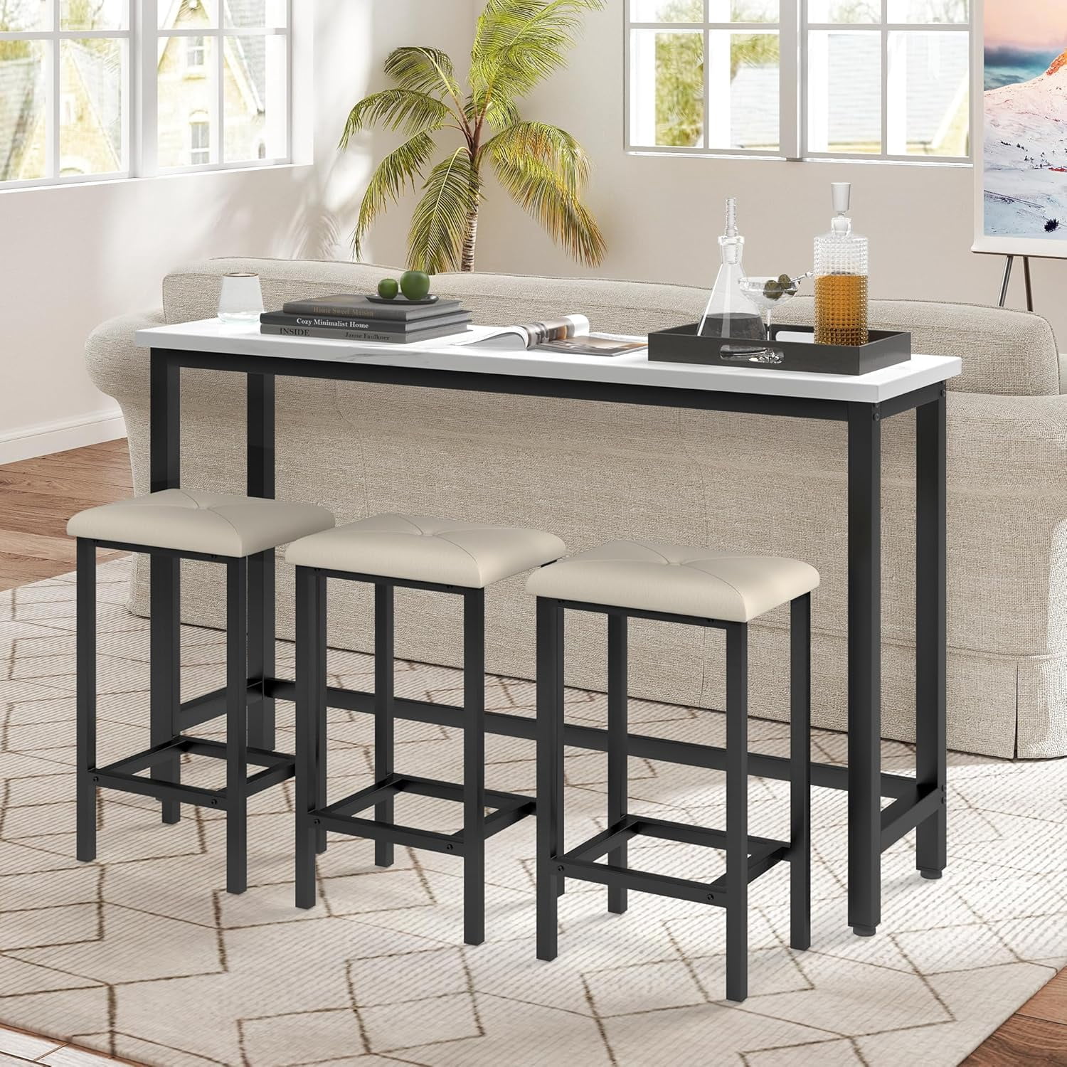 HLTSOP Bar and Chairs Set for 3 Dining Set with 3 PU Upholstered Stools ...