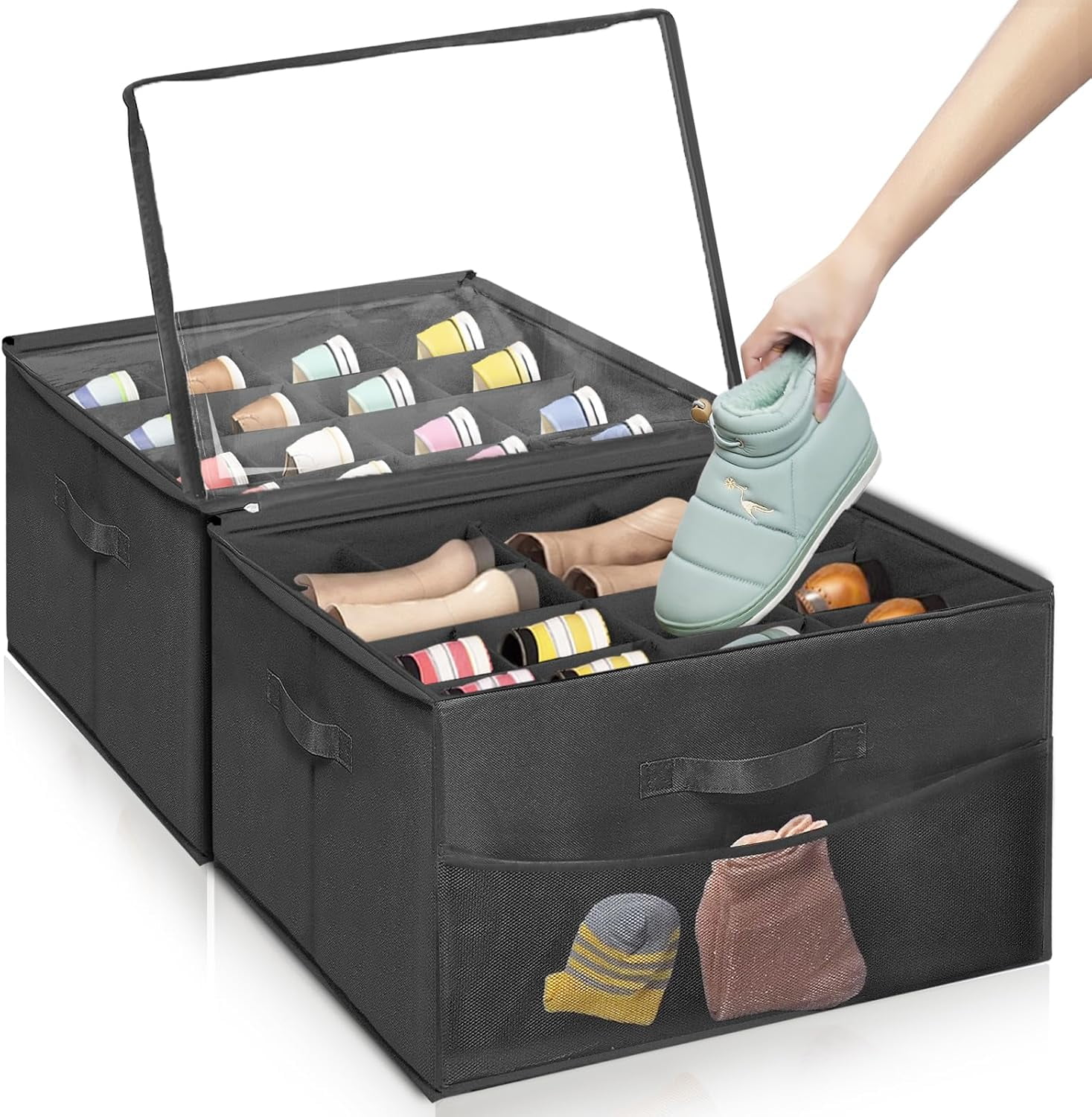 HLTUDJ Shoe Organizer for Closet 2 Pack Foldable Shoe Box with w ...