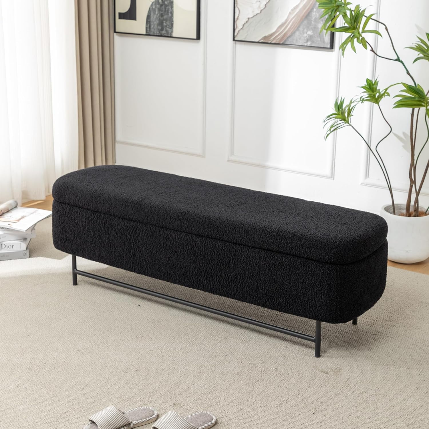 HLTUDJU 56" Boucle Storage Bench for Bedroom Upholstered Teddy Ottoman ...