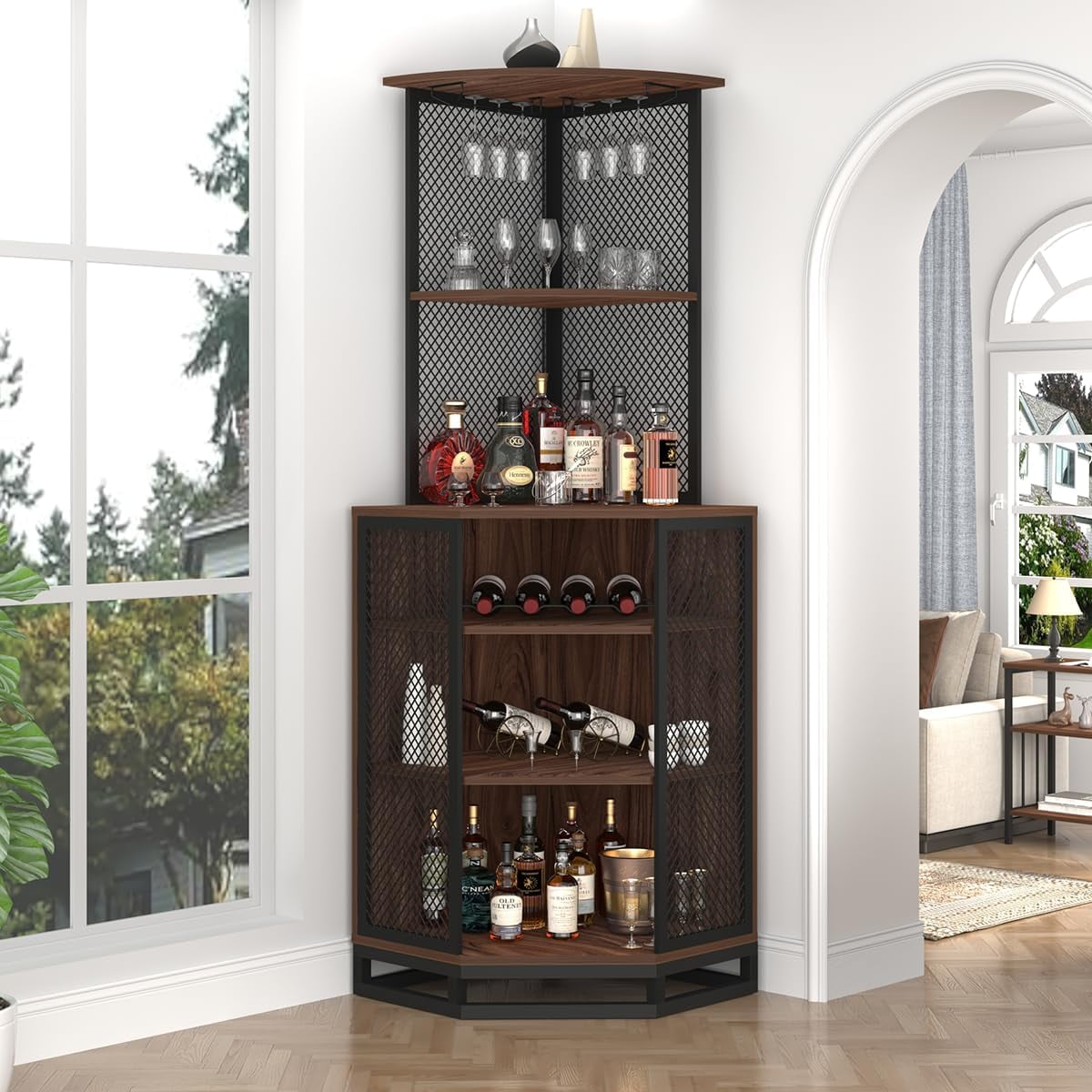 HLTUDJU Corner Bar Cabinet for Liquor Corner Bar Cabinet with Adjustble ...