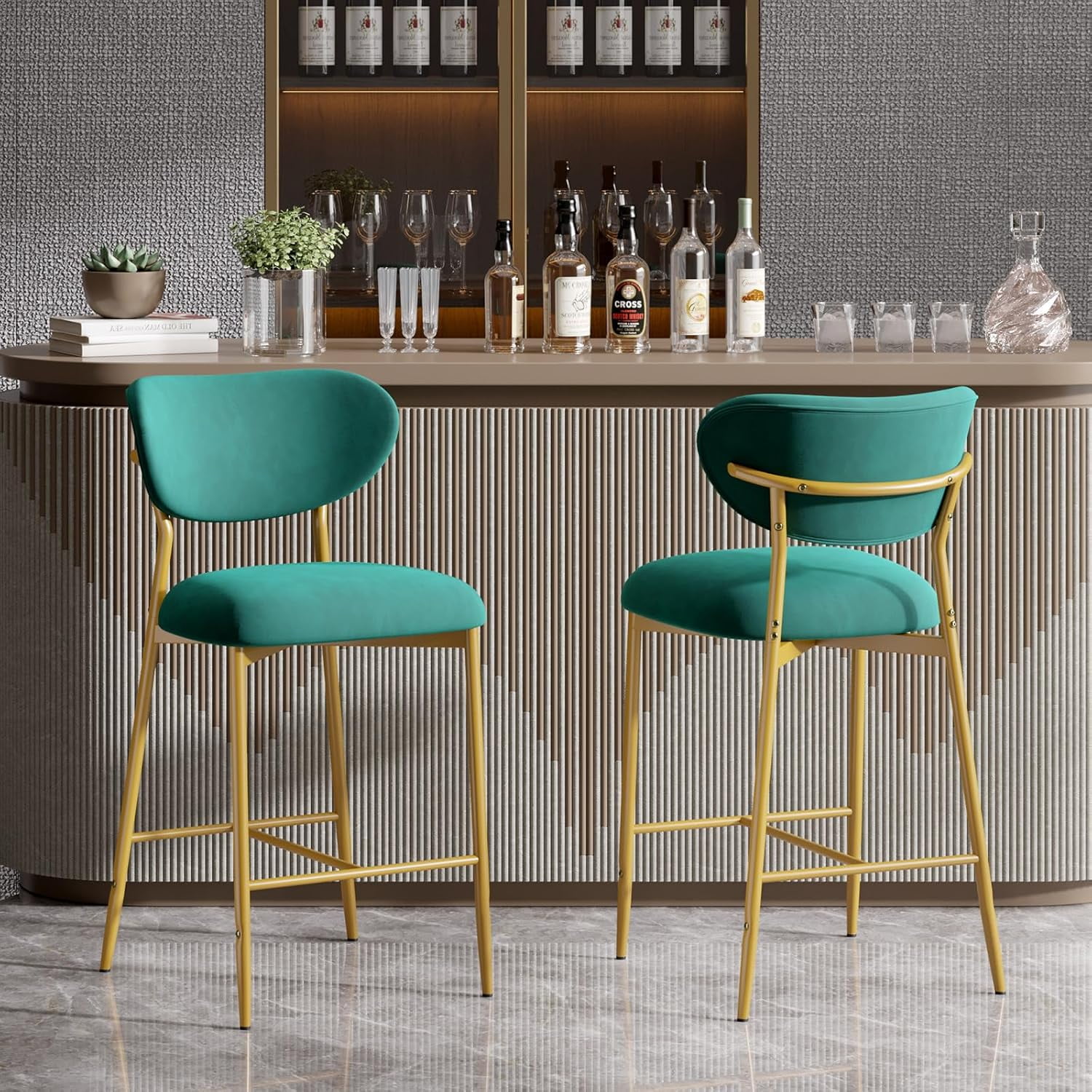 HLTUDJU Counter Height Bar Stools Velvet Ergonomic Counter Stool with ...