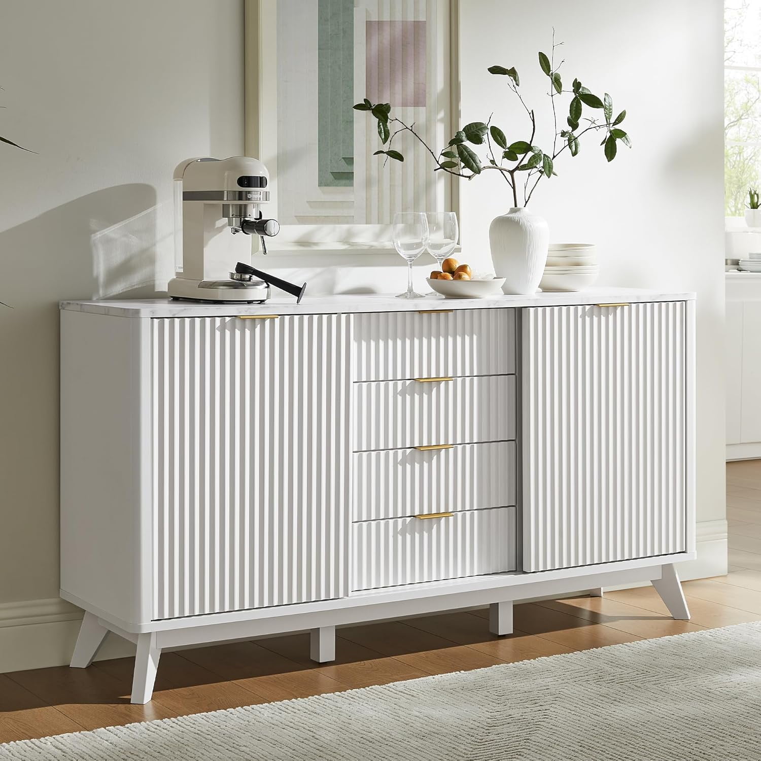 HLTUDJU Fluted Buffet Cabinet 60" Sideboard with Sliding Doors & 4 Drawers Coffee Bar with ...