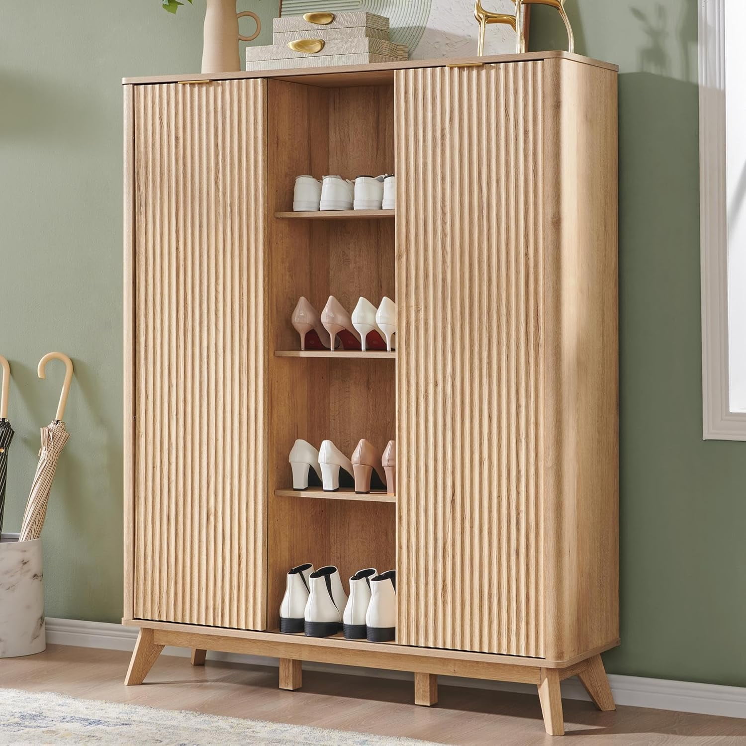 HLTUDJU Fluted Shoe Storage Cabinet with 2 Flip Drawers & Sliding Door ...
