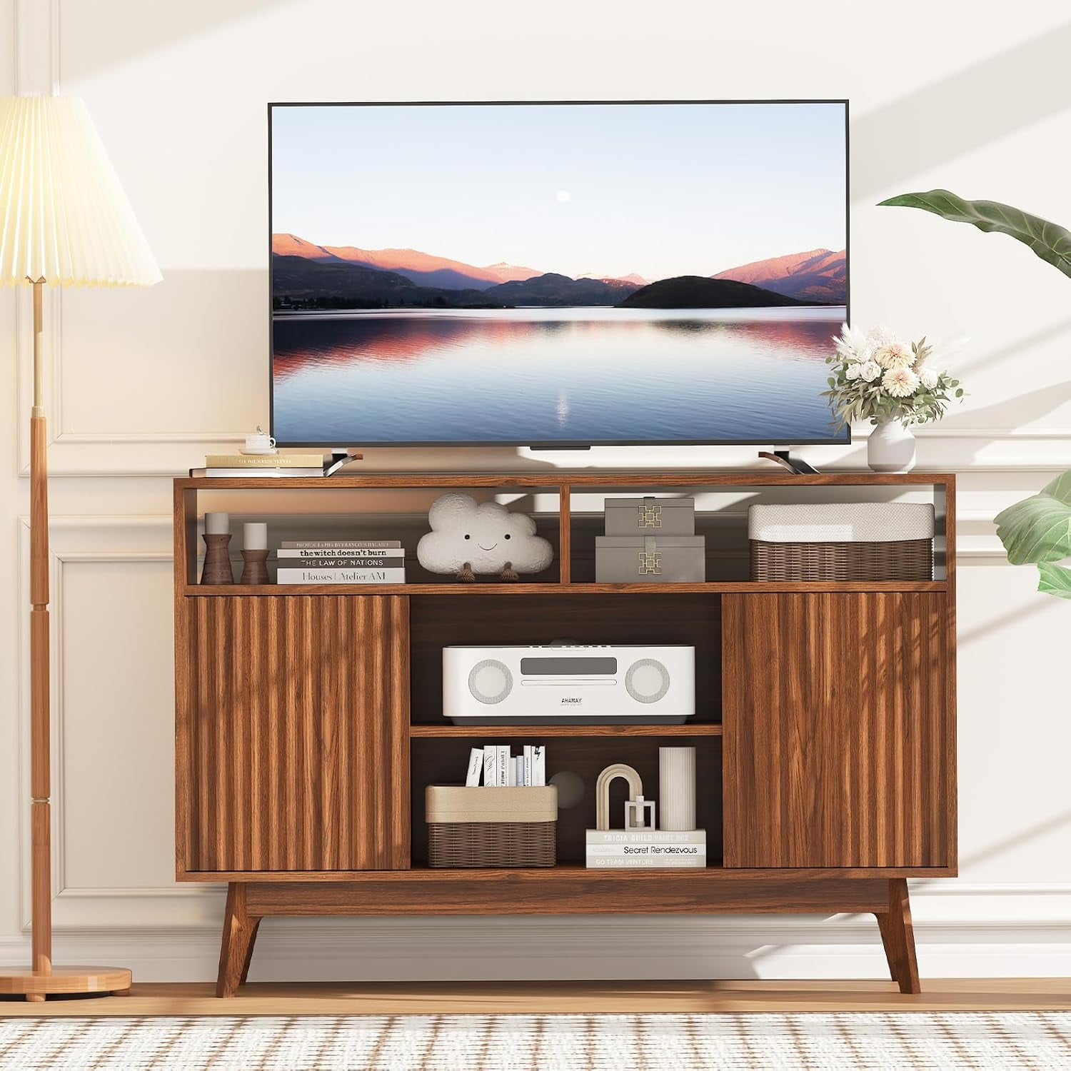 HLTUDJU Fluted TV Stand for 60 Inch TV Entertainment Center with ...