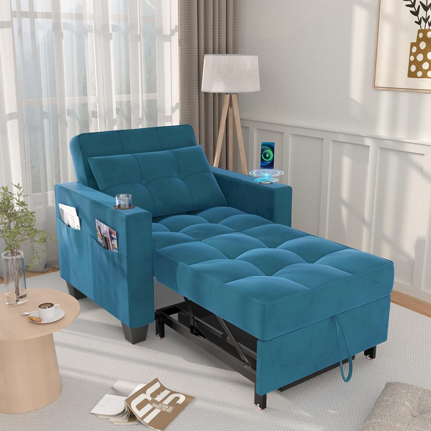 Futon Sofa Bed 3-in-1 Convertible Chair Sleeper Bed with Wireless ...