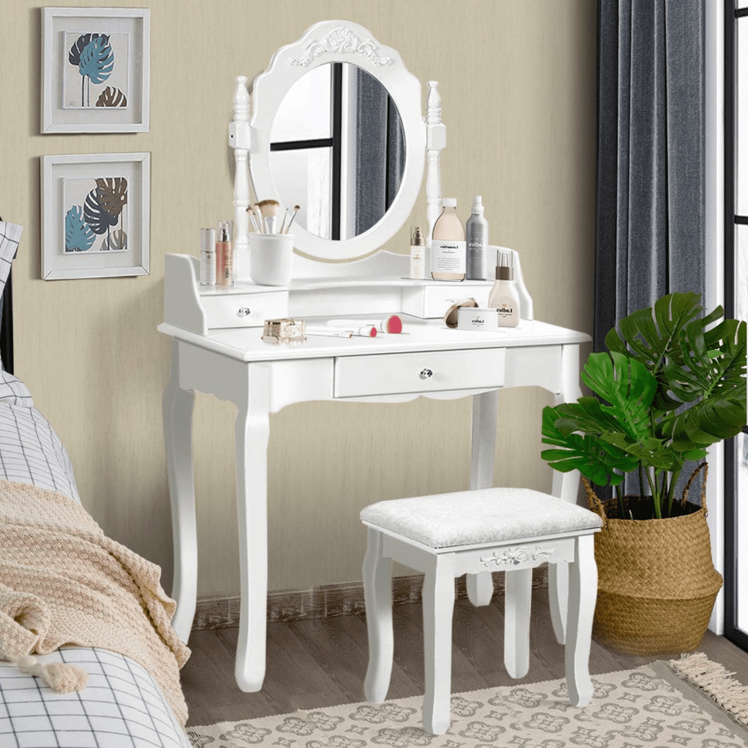 HLTUDJU Girls Makeup Vanity with Mirror and Stool Storage Drawer Wood ...