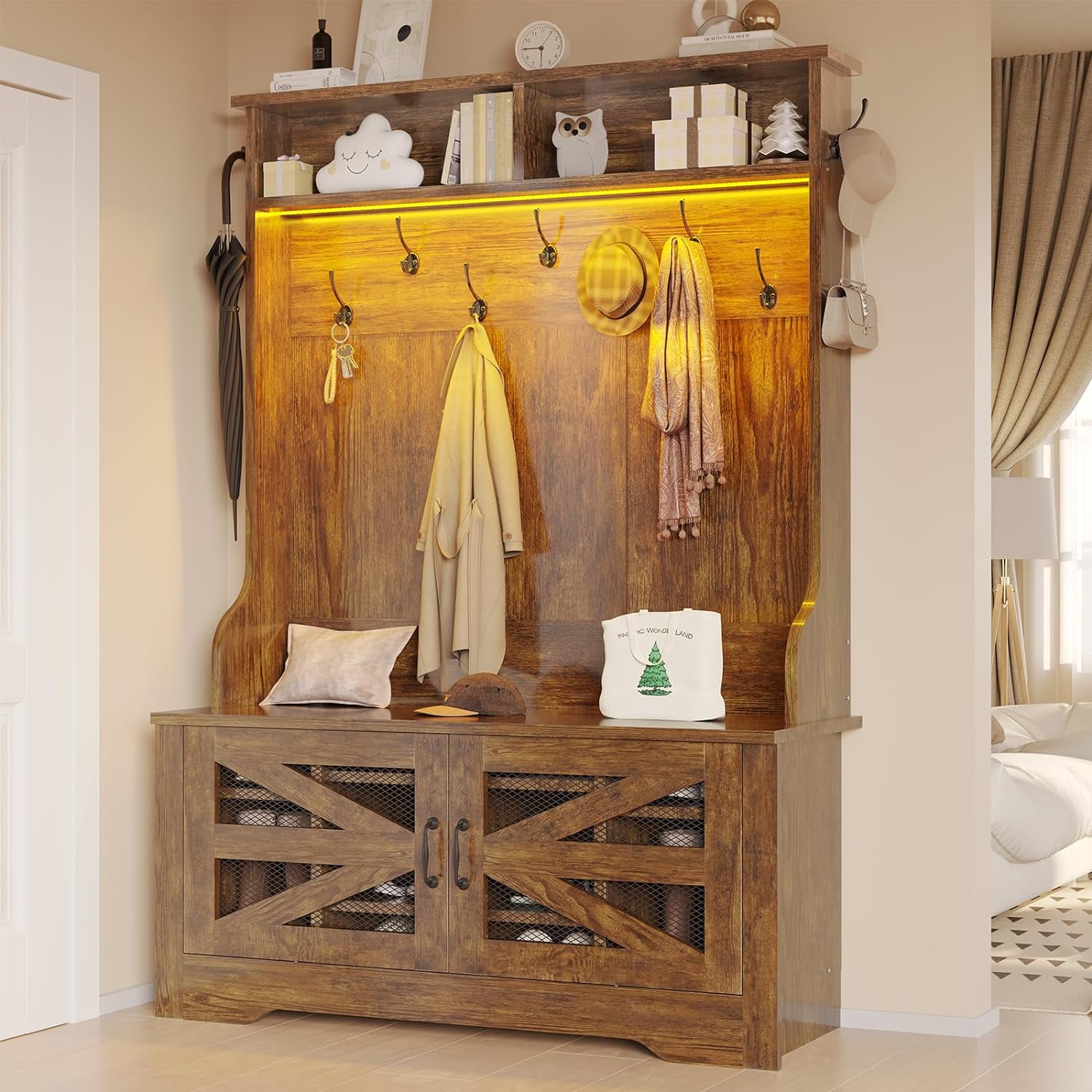 HLTUDJU Hall Tree with Bench and Shoe Storage 5-in-1 Entryway Bench ...