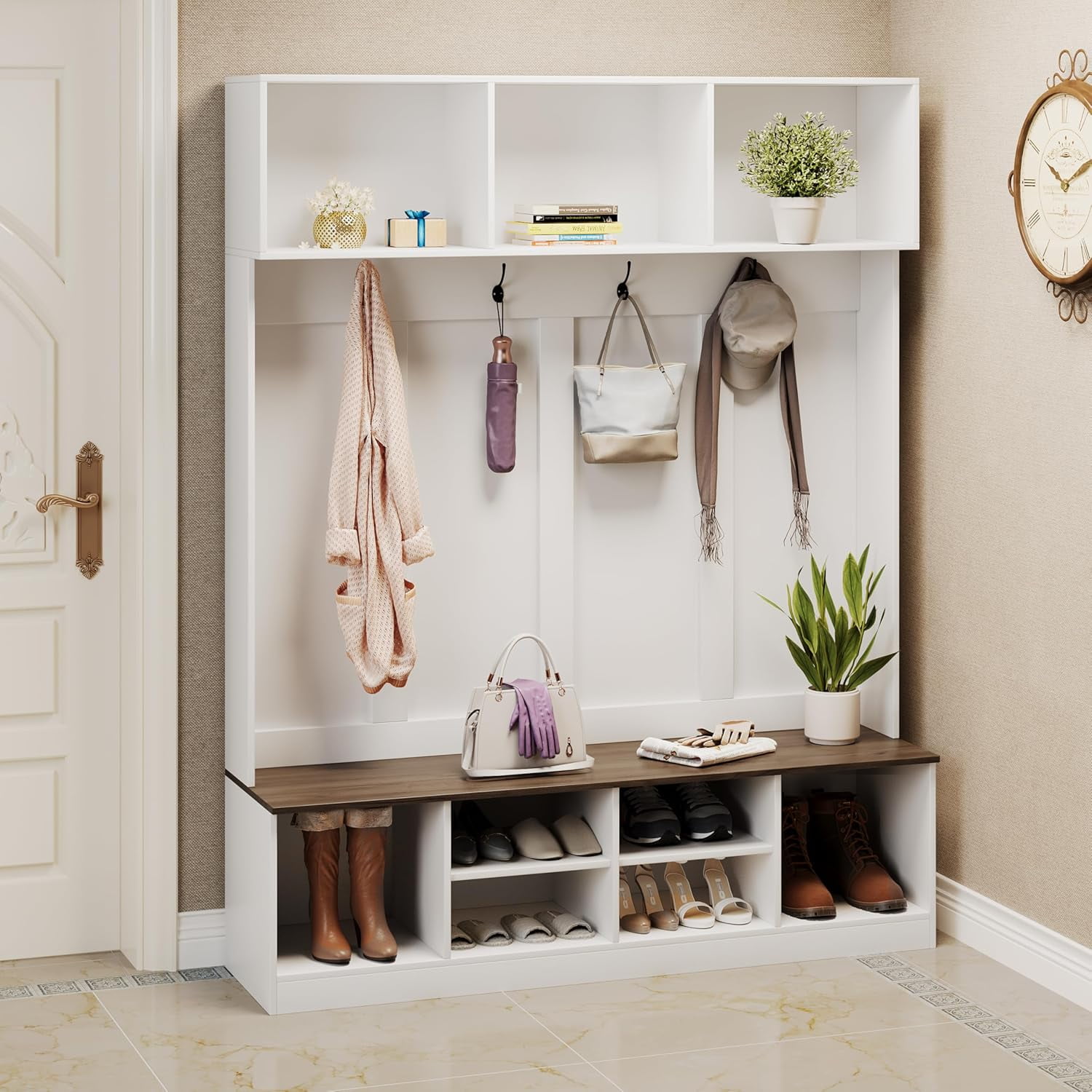 HLTUDJU Hall Tree with Bench and Shoe Storage Entryway Bench with Coat ...