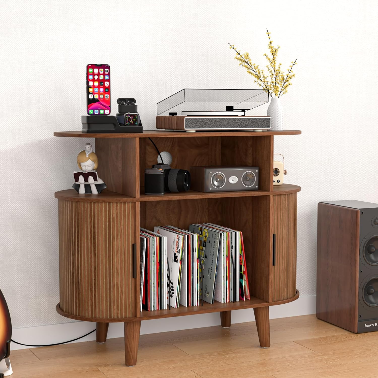 HLTUDJU Round Record Player Stand Mid-Century Record Player Vinyl ...