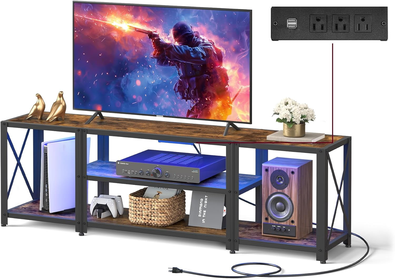 HLTUDJU TV Stand with Power Outlets and LED Lights for TVs up to 60 ...