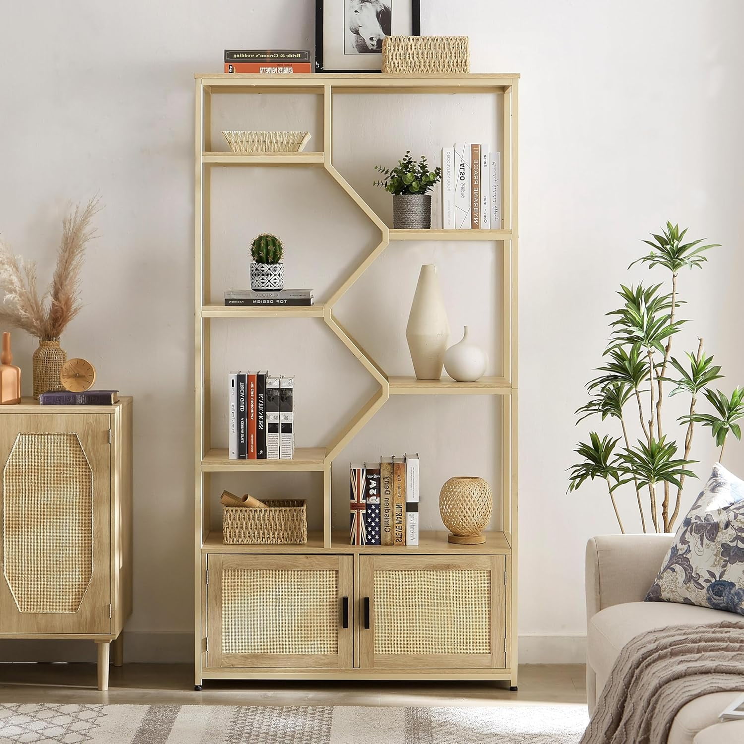HLTUJU 7-Tier Bookshelf with Storage Cabinet Bohemian Open Book Shelf ...