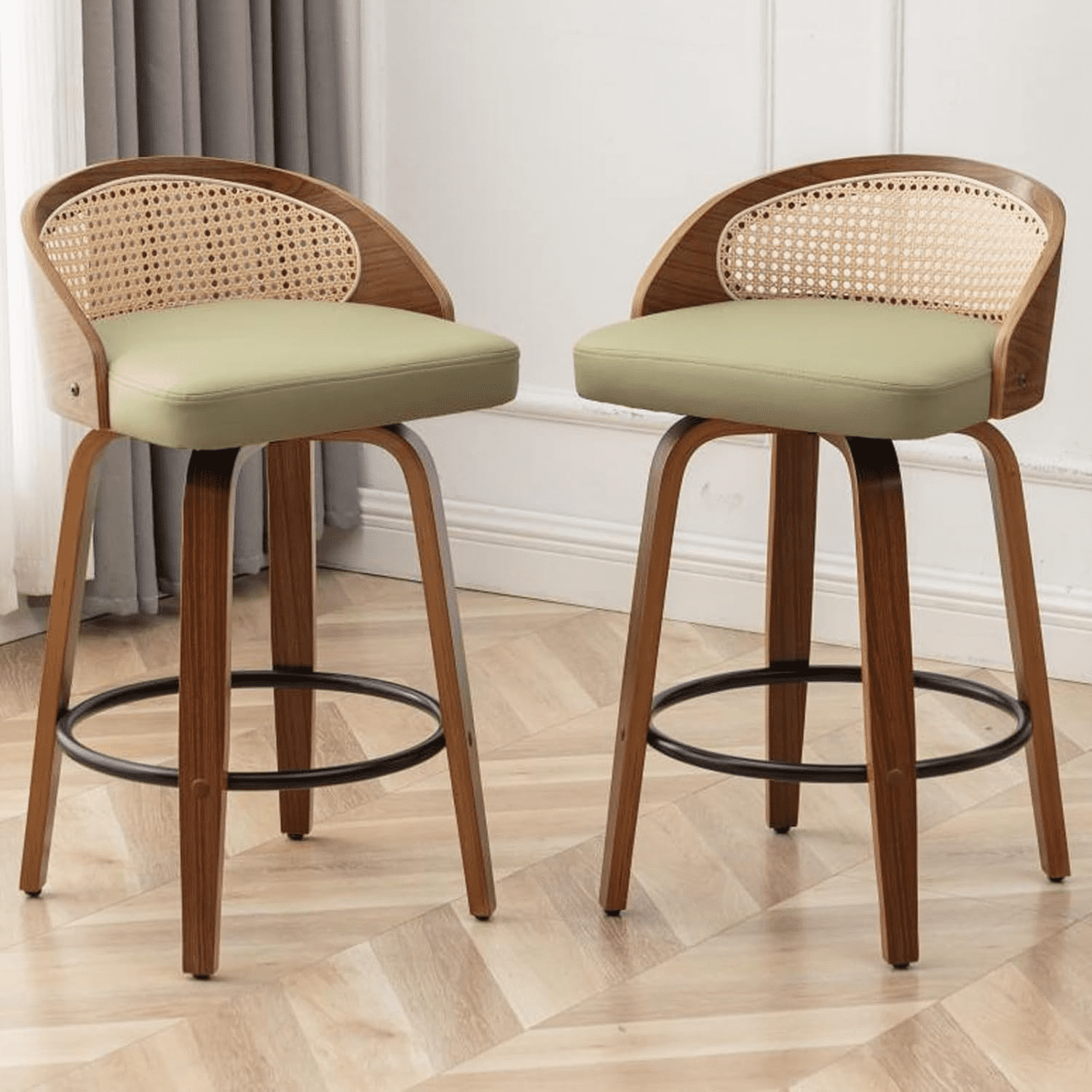 HLTJSU 25" Swivel Rattan Bar Stools Mid-Century Modern Orange Faux ...