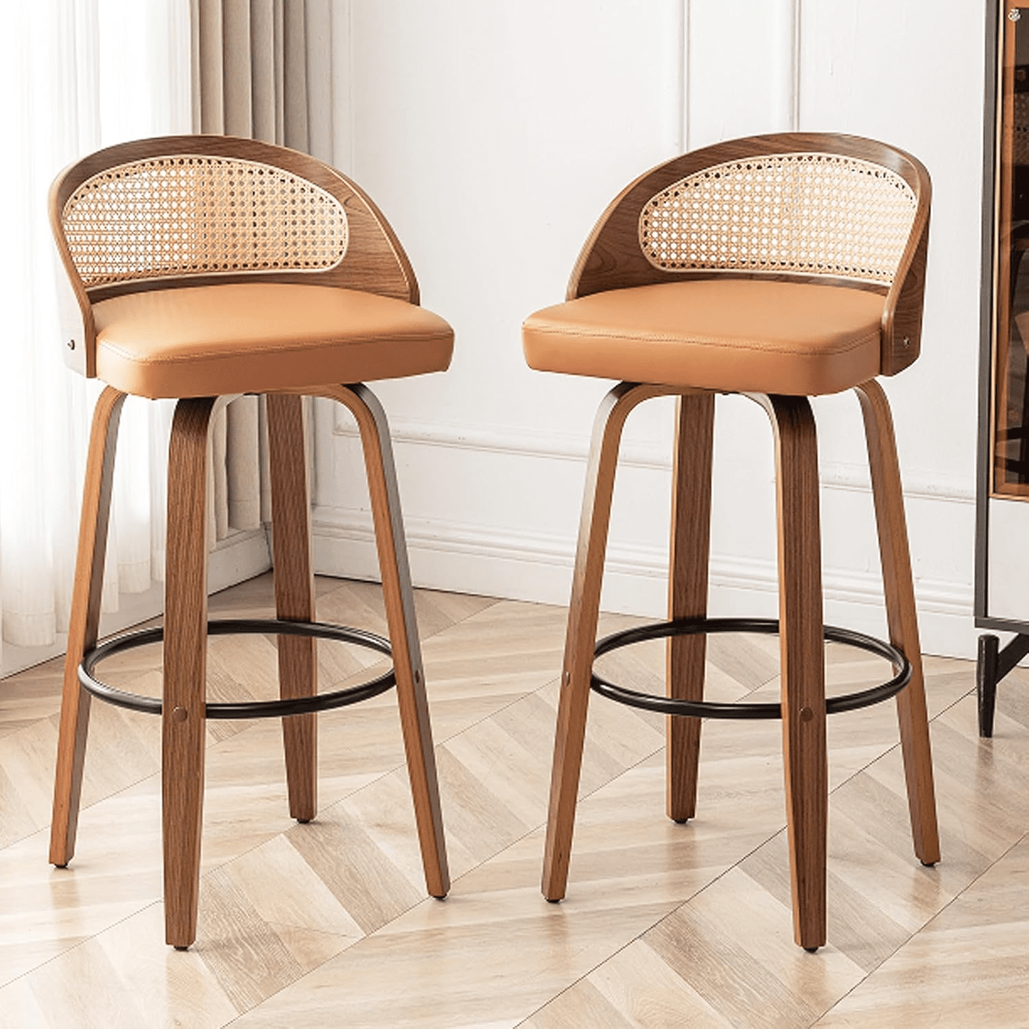 HLTUSDN 25" Swivel Rattan Bar Stools Mid-Century Modern Orange Faux ...