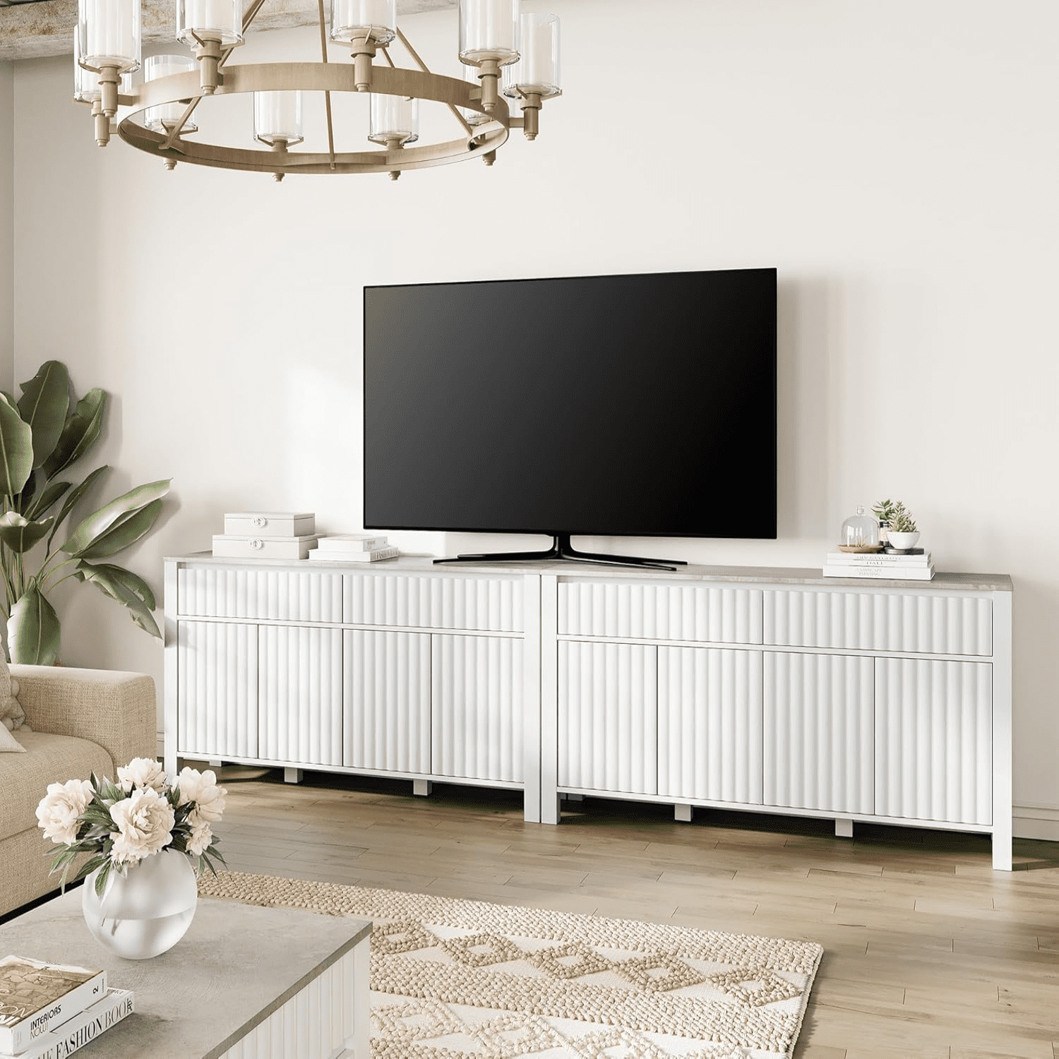 HLTUSDN Large TV Stand for 100 inch TV White Modern 2-in-1 Media ...