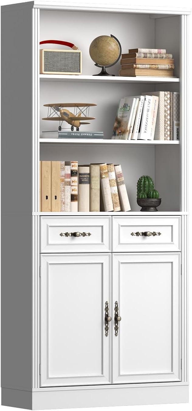 HLTYHN 5-Tier Bookcase with Doors and Drawers Adjustable Book Shelves ...