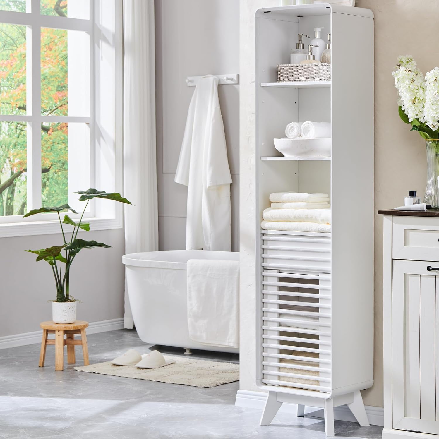 HLTYPO Slatted Door Over The Toilet Storage Cabinet 68" Tall Mid ...