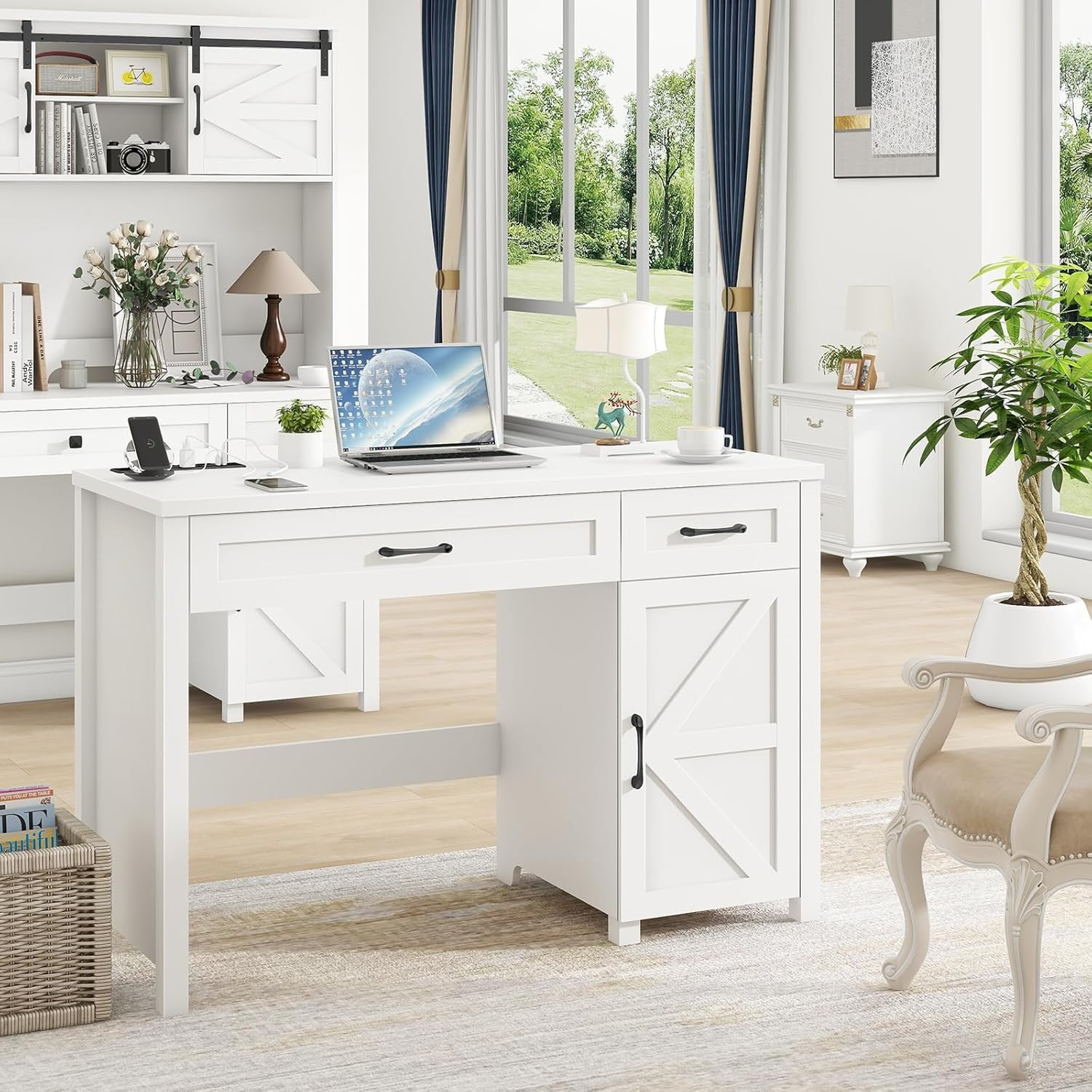 HLYFYF Farmhouse 47" Executive Computer with Drawers and Storage ...