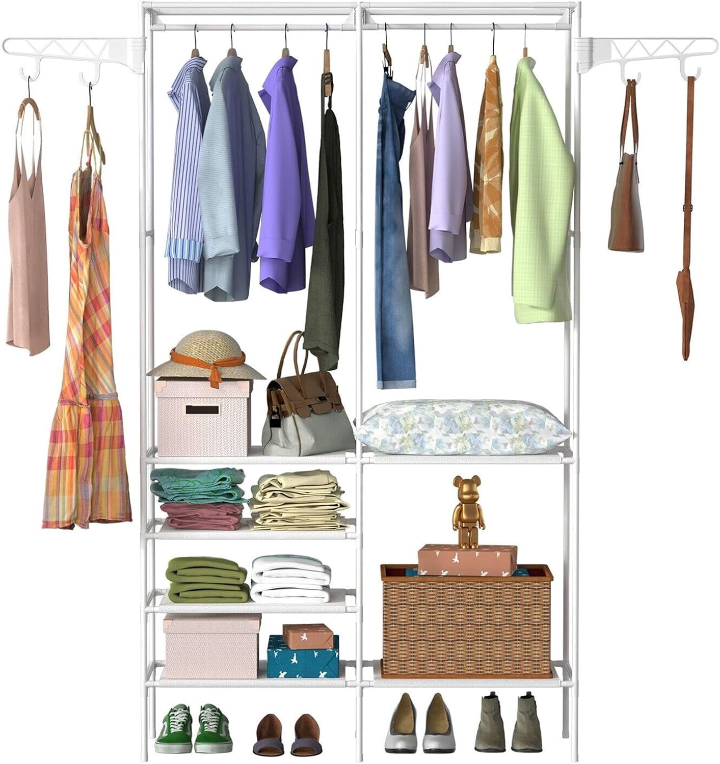 HLZBJY Metal Garment Rack with Shelves Freestanding Clothes Rack White ...