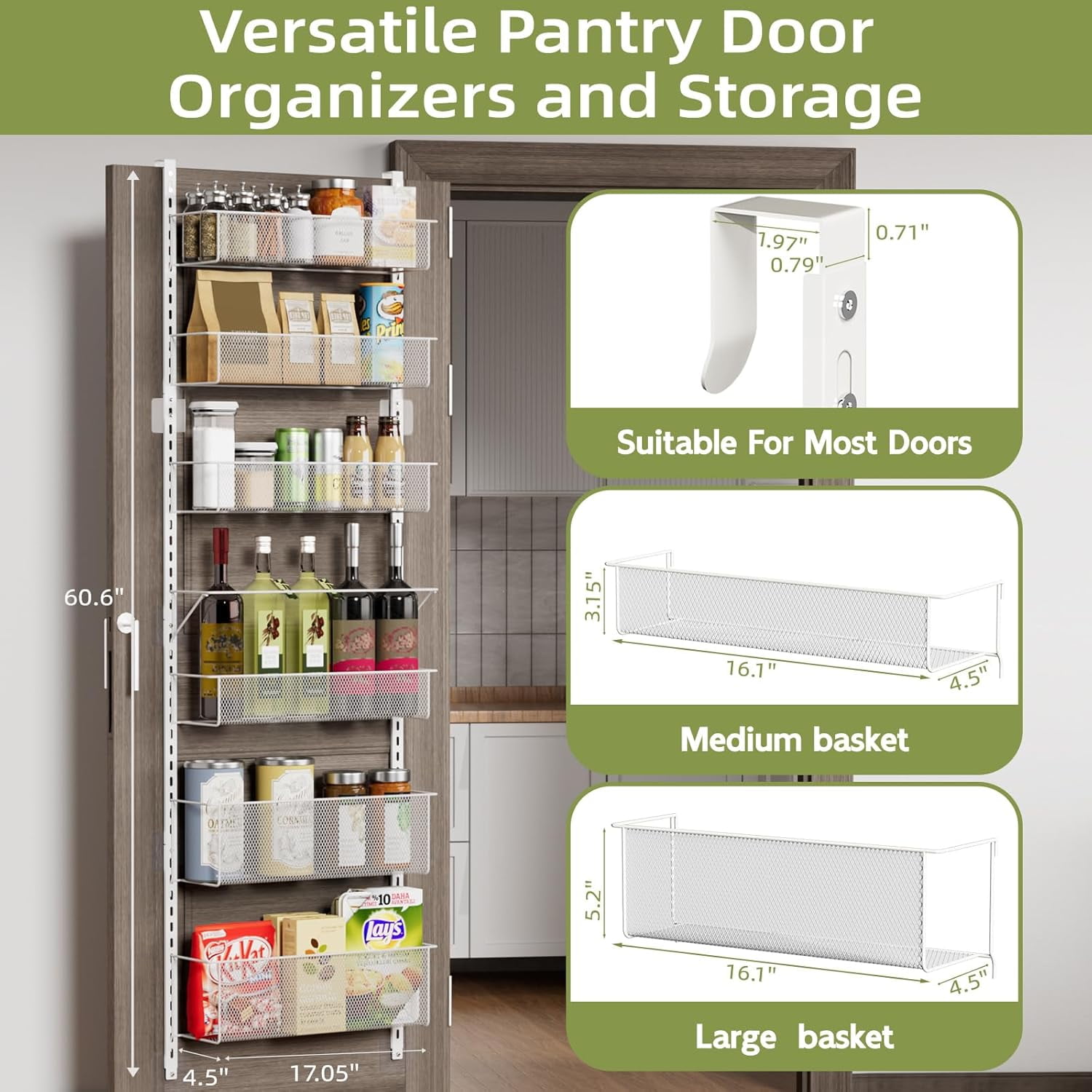 HLZZZLZ Over The Door Pantry Organizer 8-Tier Pantry Door Organizer Shelves Metal Hanging & Wall ...