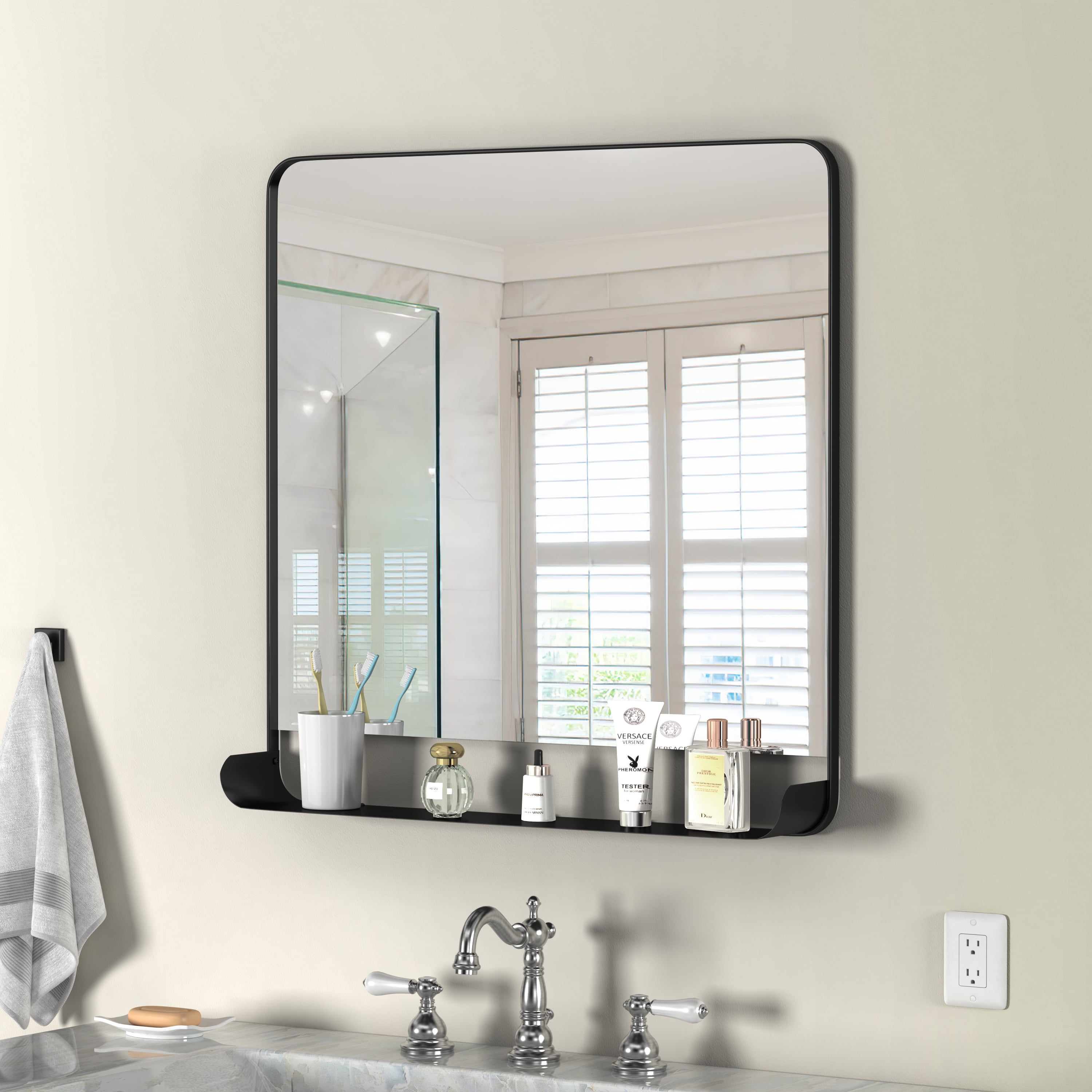 HMANGE Square Bathroom Mirror 31.50 x 31.50 Inch Matte Black Metal ...