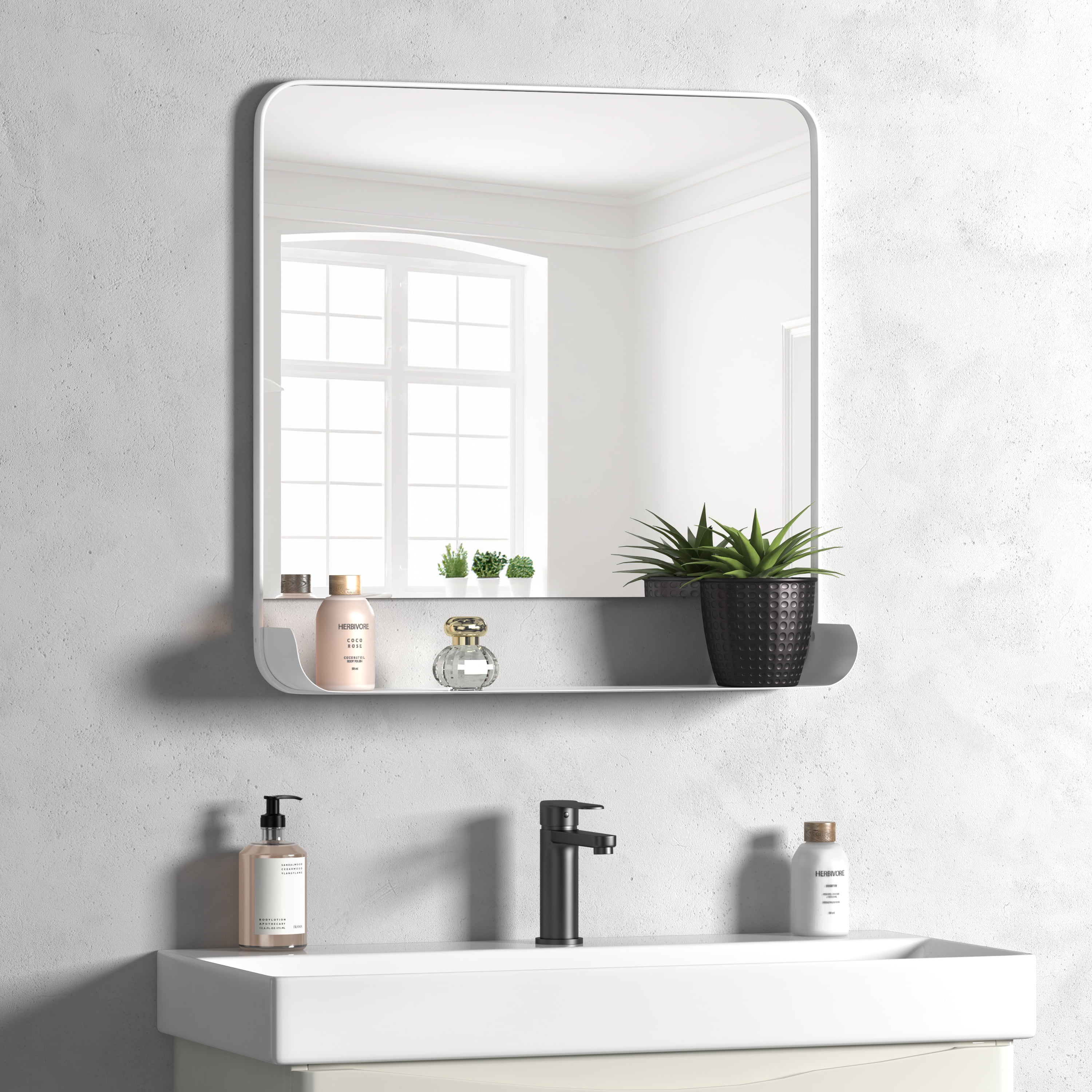 HMANGE Square Bathroom Mirror 31.50 x 31.50 Inch Matte White Metal ...