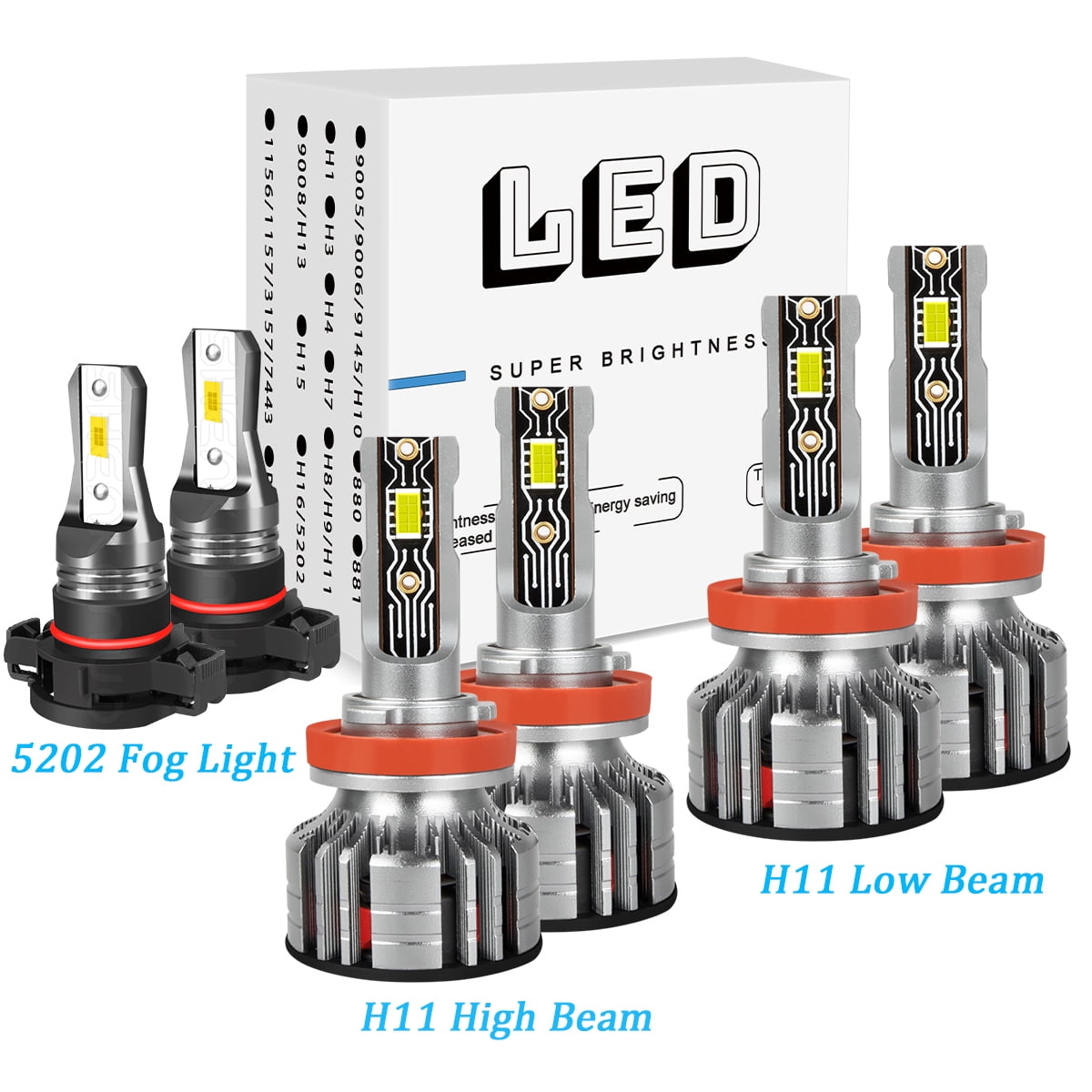 HMCYCI 6X H11+H11/H8+H16/5202 LED Headlight Fog Light Bulb Kit Plug&Play H11+H16 Car Light ...
