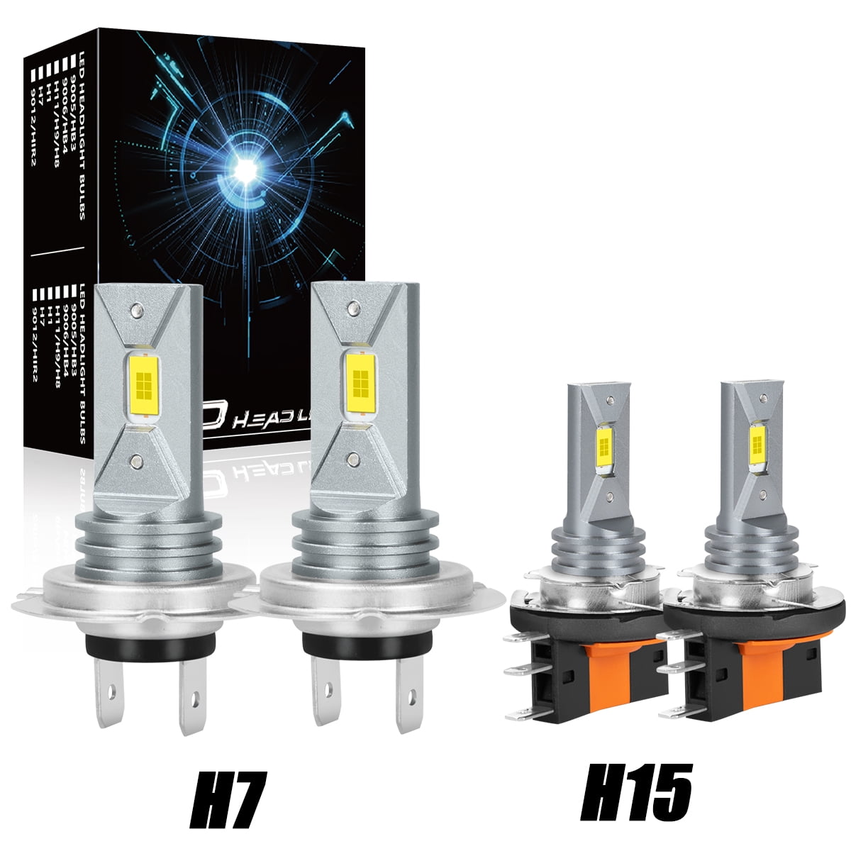 HMCYCI H15 + H7 LED Headlight Bulb Kit High/Low Beam Combo Plug&Play 6000K White Pack of 4 ...