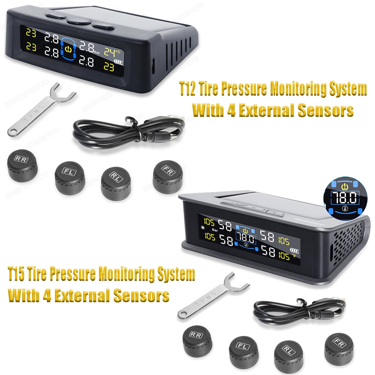 HMCYCI Solar TPMS Wireless Car Tire Pressure Monitoring System with 4 External Sensors - Walmart.com