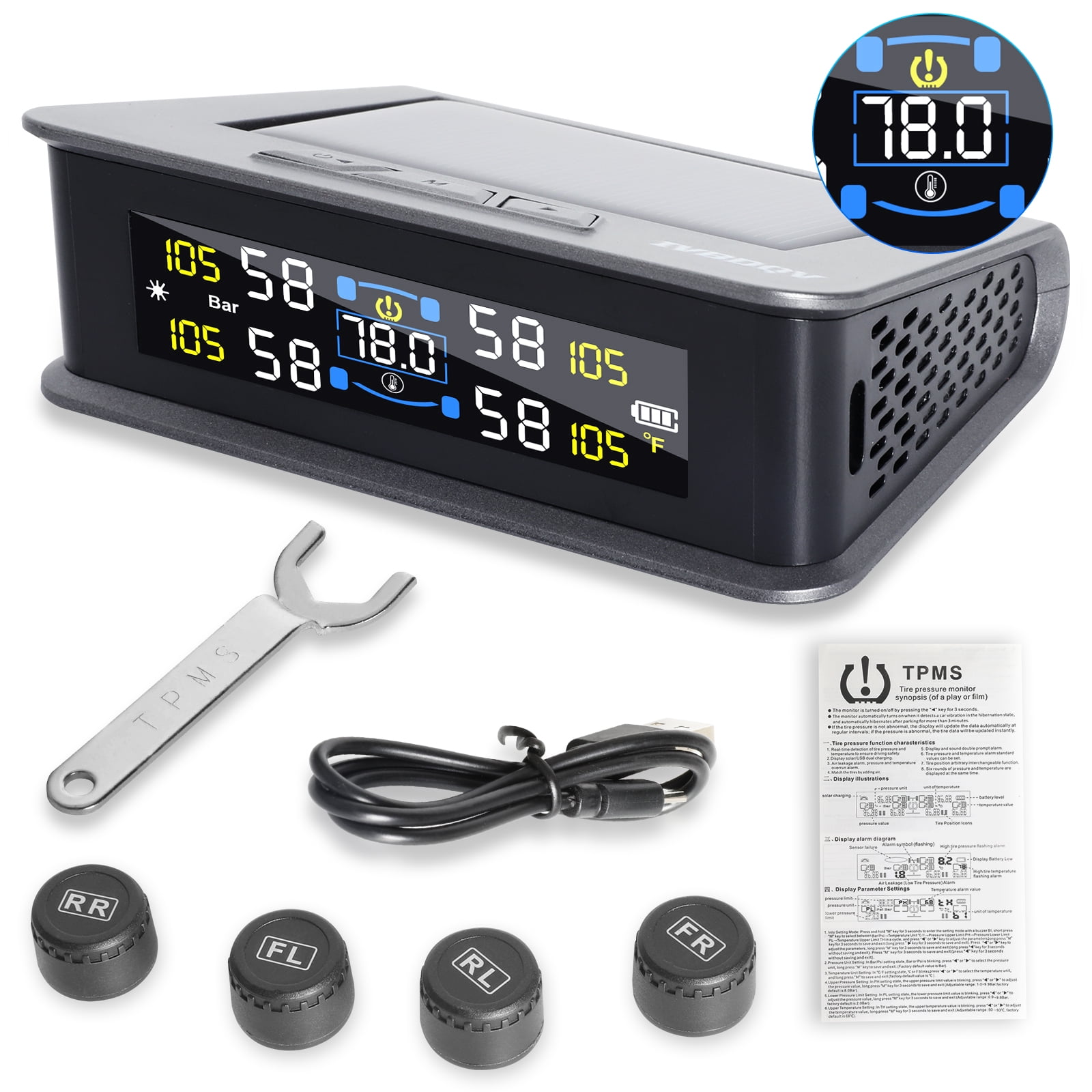 HMCYCI TPMS Tire Pressure Monitoring System, Universal Solar Power Car Tire Pressure Monitor ...