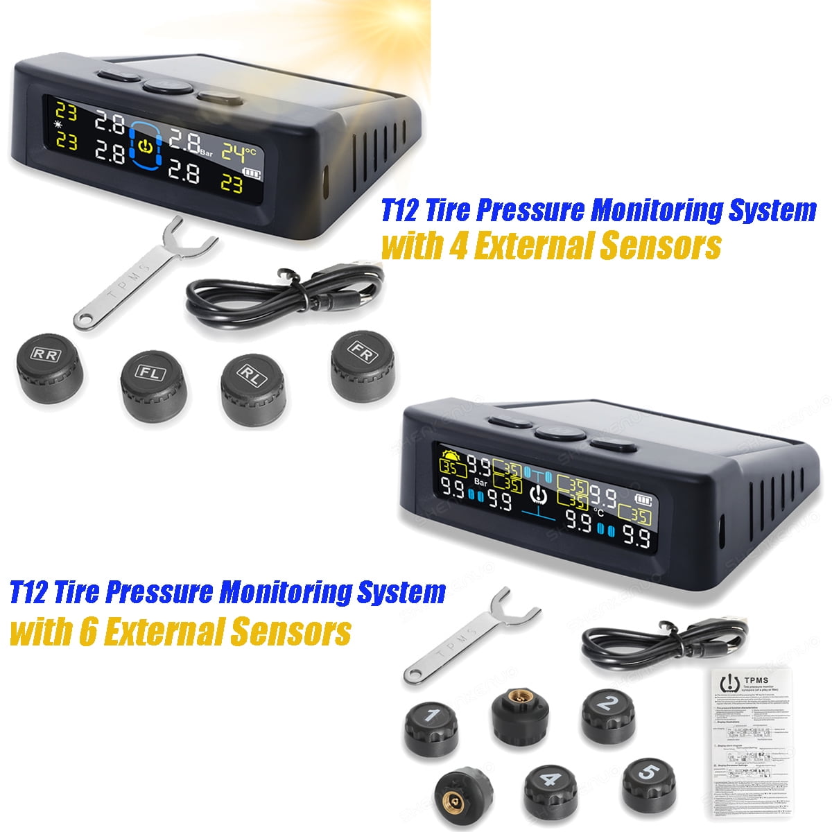 HMCYCI Tire Pressure Monitoring System RV TPMS,Solar Wireless TPMS with 4/6 Tire External ...