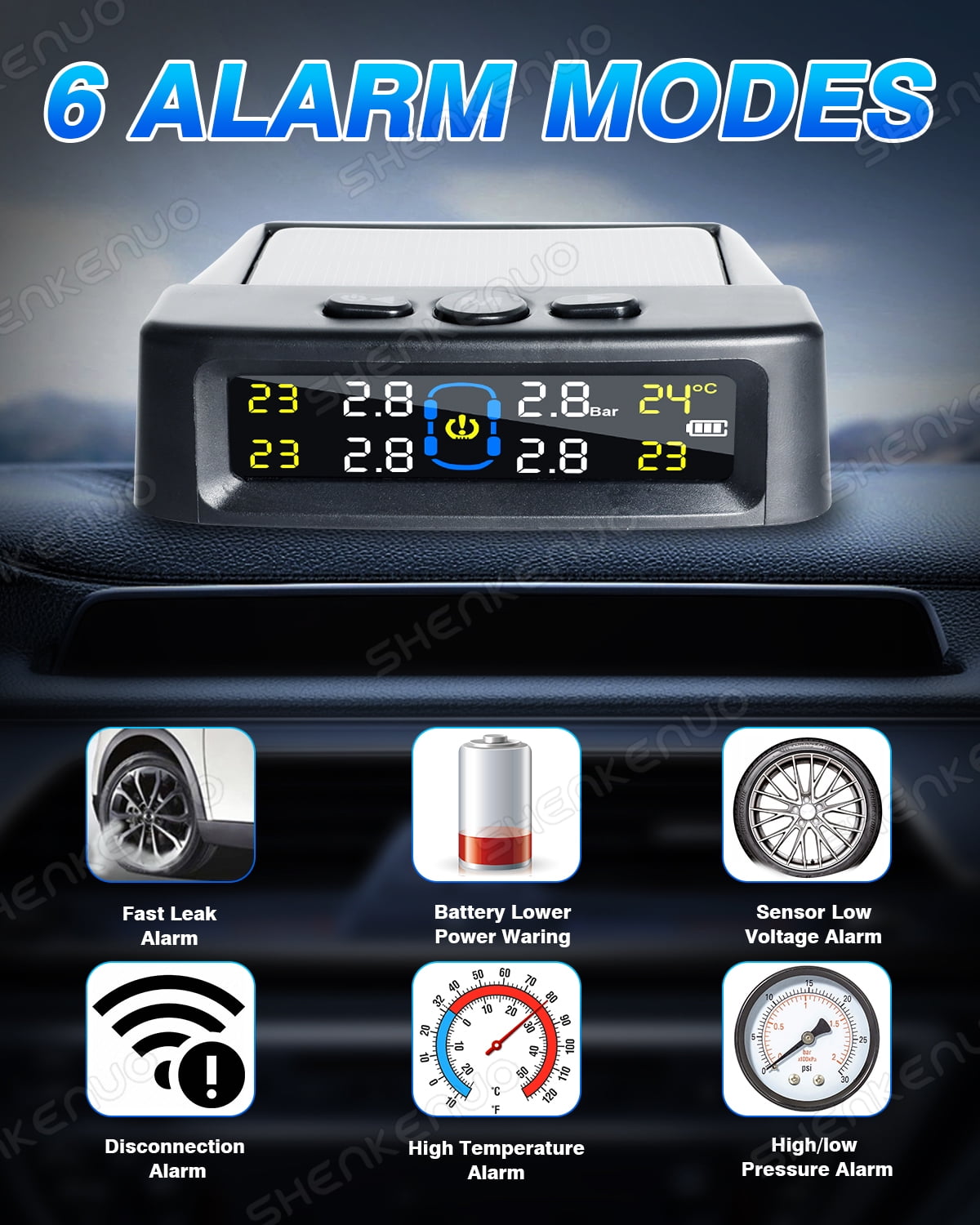 HMCYCI USB or Solar Charging Car TPMS Tire Pressure Monitoring System HD Digital LCD Display ...