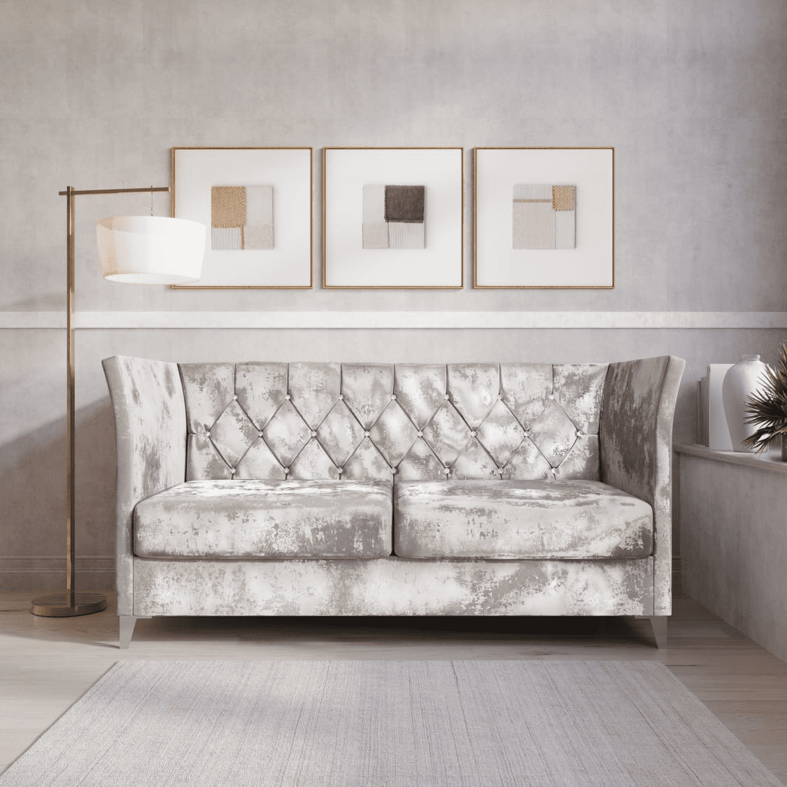 HMD Aliston Flared Arm 3 Seater Sofa Shiny Silver Gray