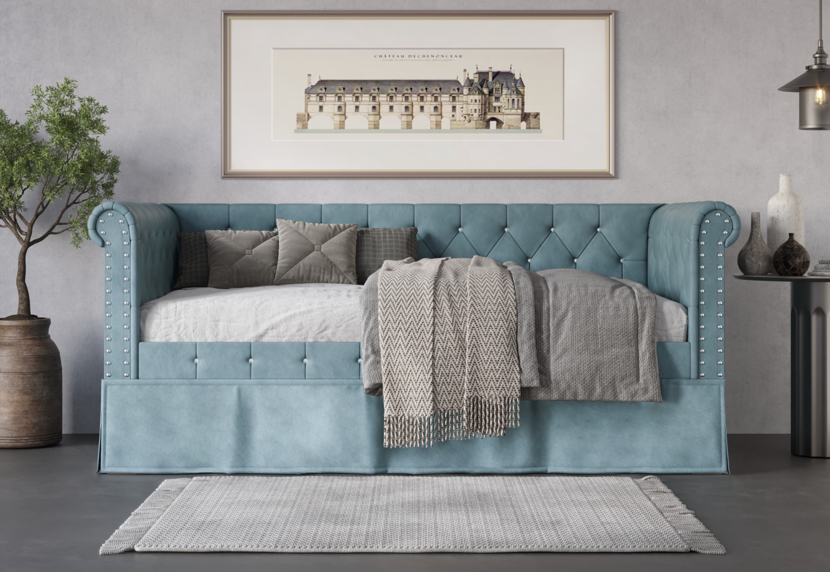 HMD Arles Upholstered Twin Daybed with Hidden Trundle Box B, Blue ...