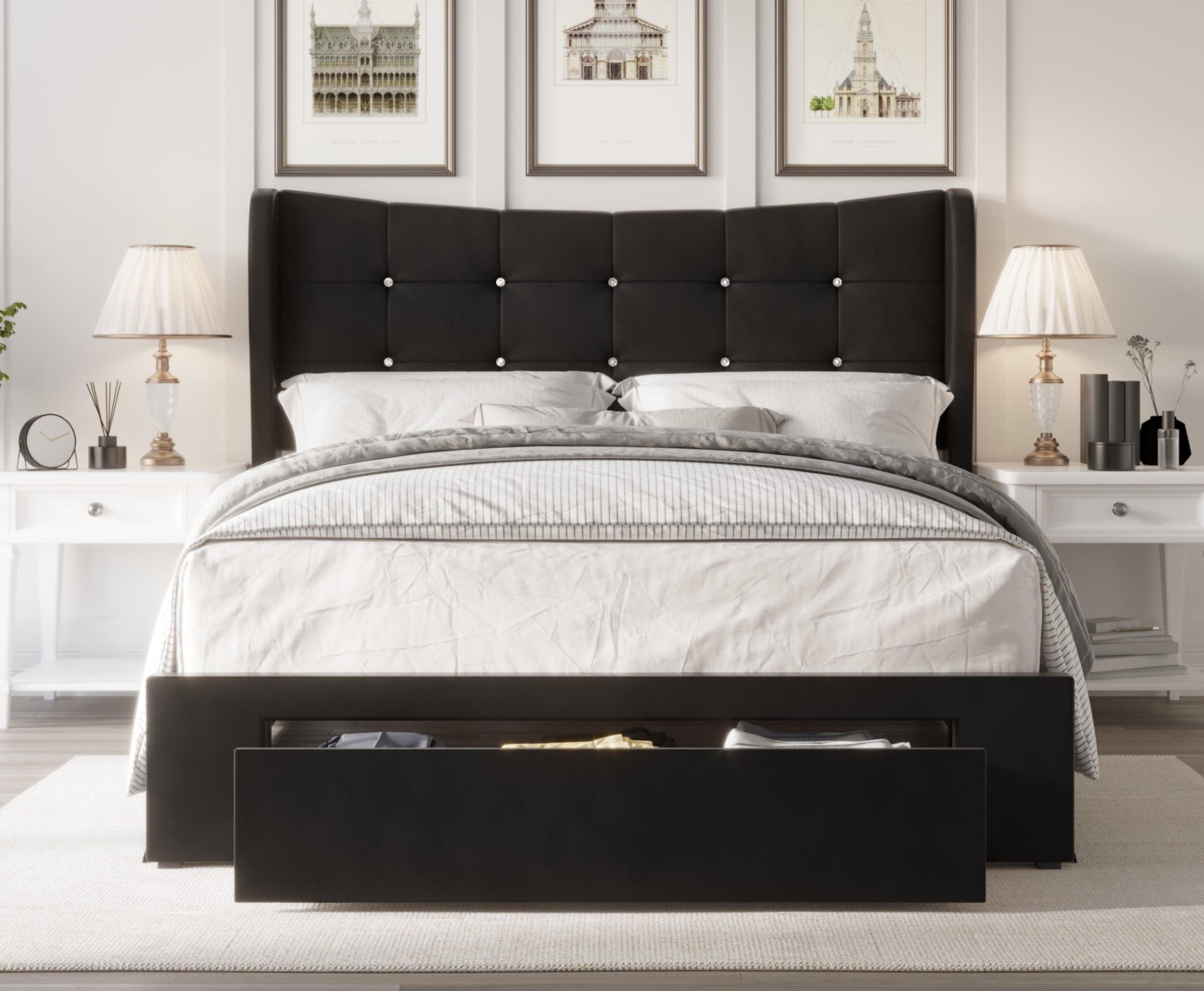 HMD Bennett King Tufted Upholstered Storage Panel Bed, Black - Walmart.com