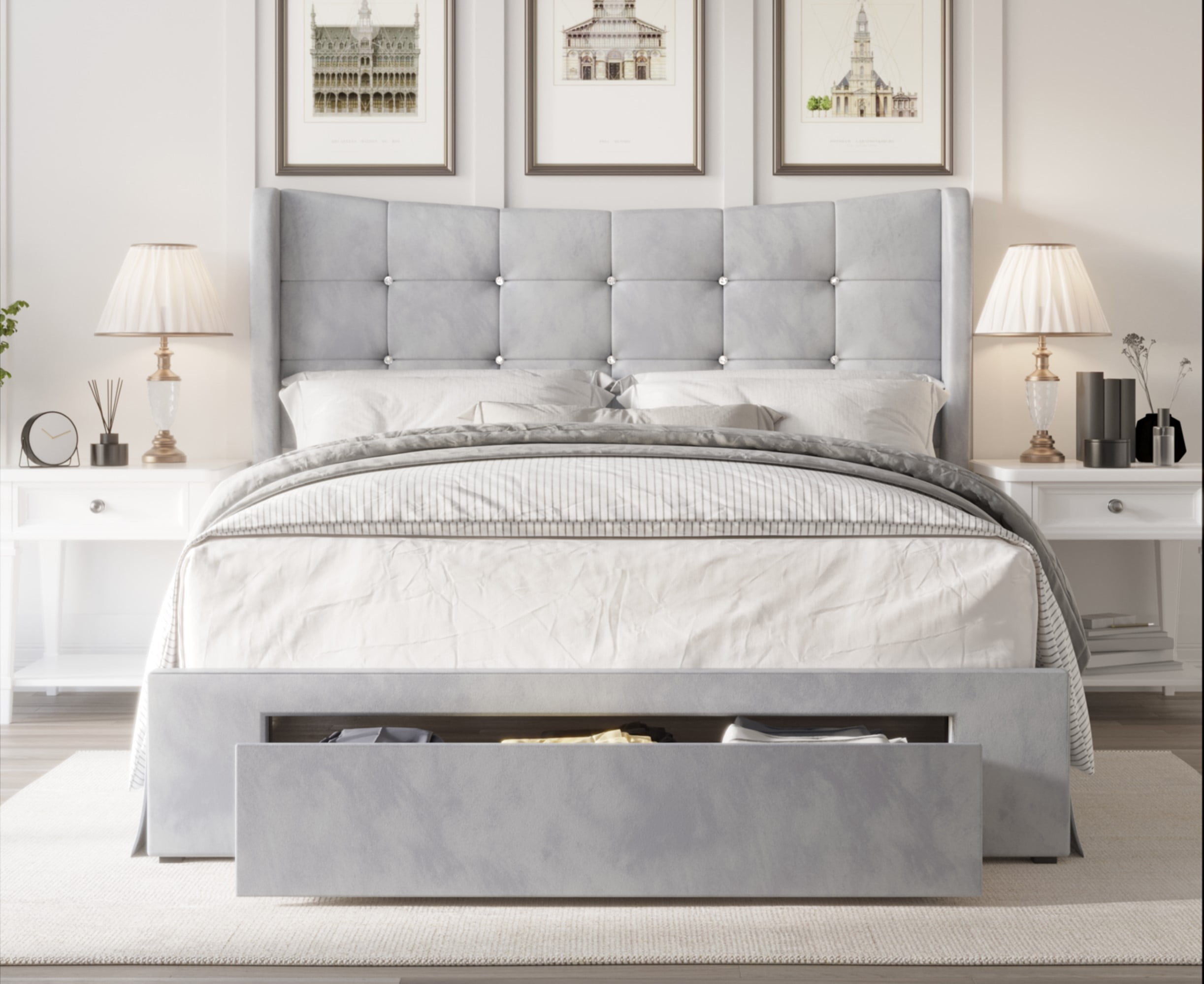 HMD Bennett Twin Tufted Upholstered Storage Panel Bed, Silver Gray ...